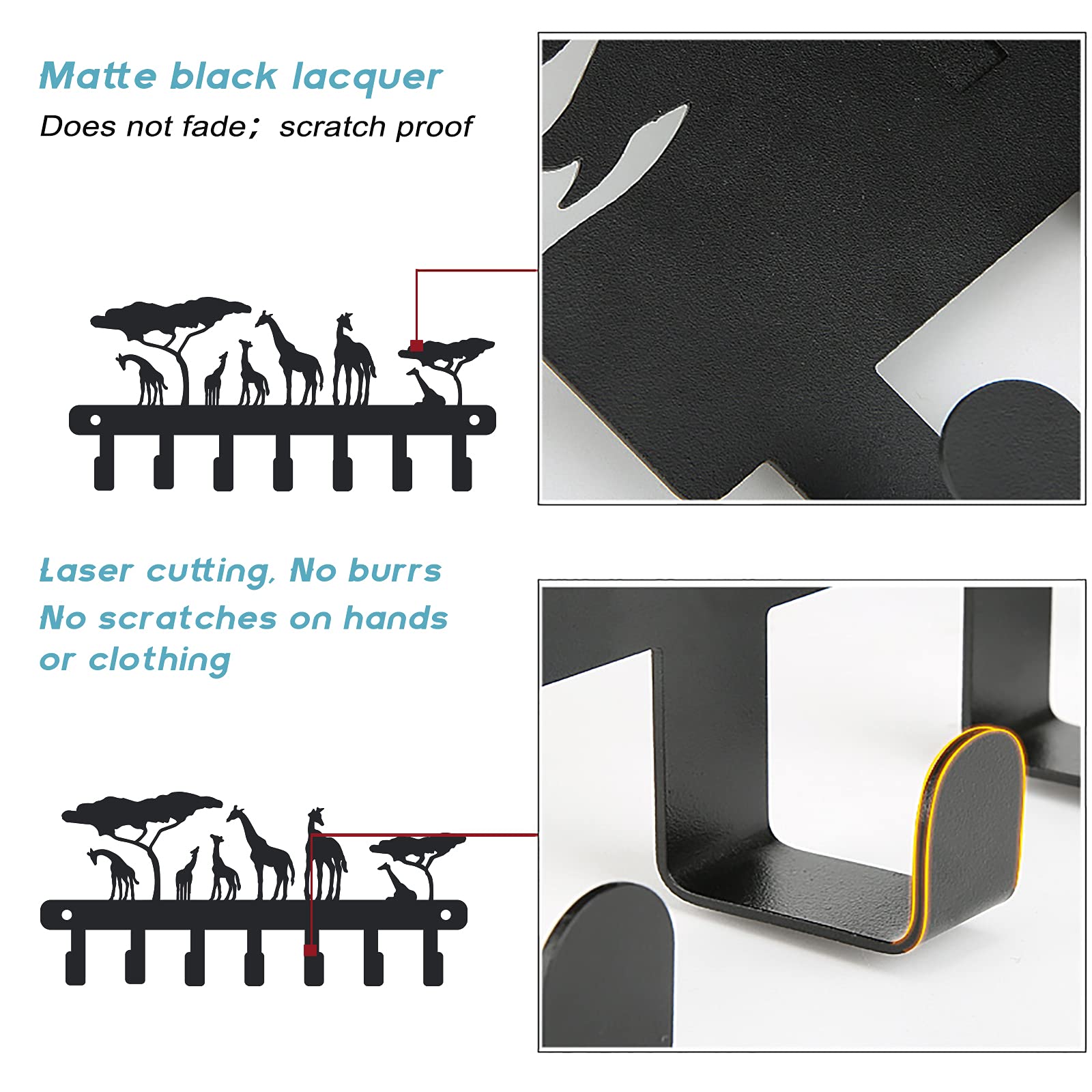 SUPERDANT Black Iron Wall Mounted Hooks Metal Key Holder Giraffes and Tree Pattern with 7 Hooks for Bag Clothes Key Hanging Small Wall Shelf Holder Wall Decorative About 6"x13"(15x33cm)