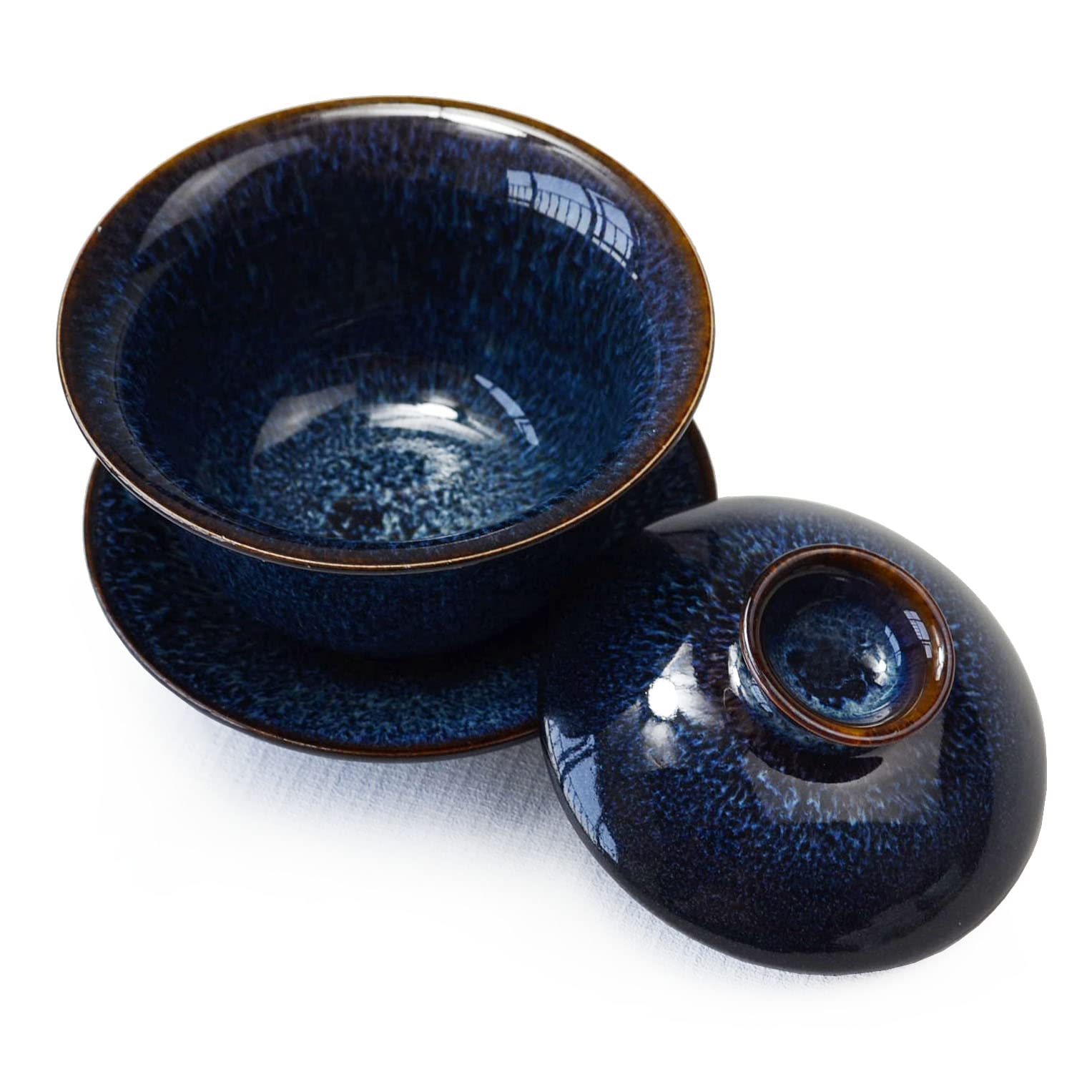 GDLK Gaiwan Tea Cup 6oz Porcelain Teacup Smooth Glaze Tureen Saucer with Lid Chinese Gongfu Set, Blue