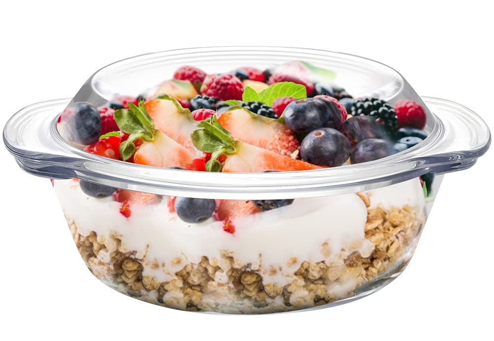 Glass Soup Bowl with Handles Lid Glass Cereal Bowls Clear Oatmeal Bowl Small Glass Bowl for Breakfast Cooking,Small Casserole Dish Round Baking Dish with Lid, Microwave, Dishwasher, Oven, Stove Safe