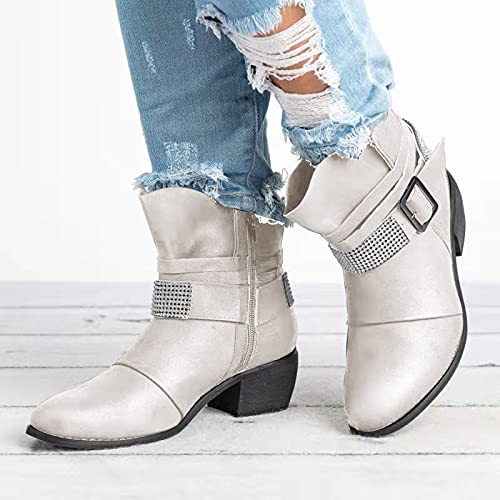 FASDNENDYS Zipper Autumn Heel Ankle Pointed Side Thick Shoes Boots Rhinestone Toe Winter Womens Boots Booties Khaki