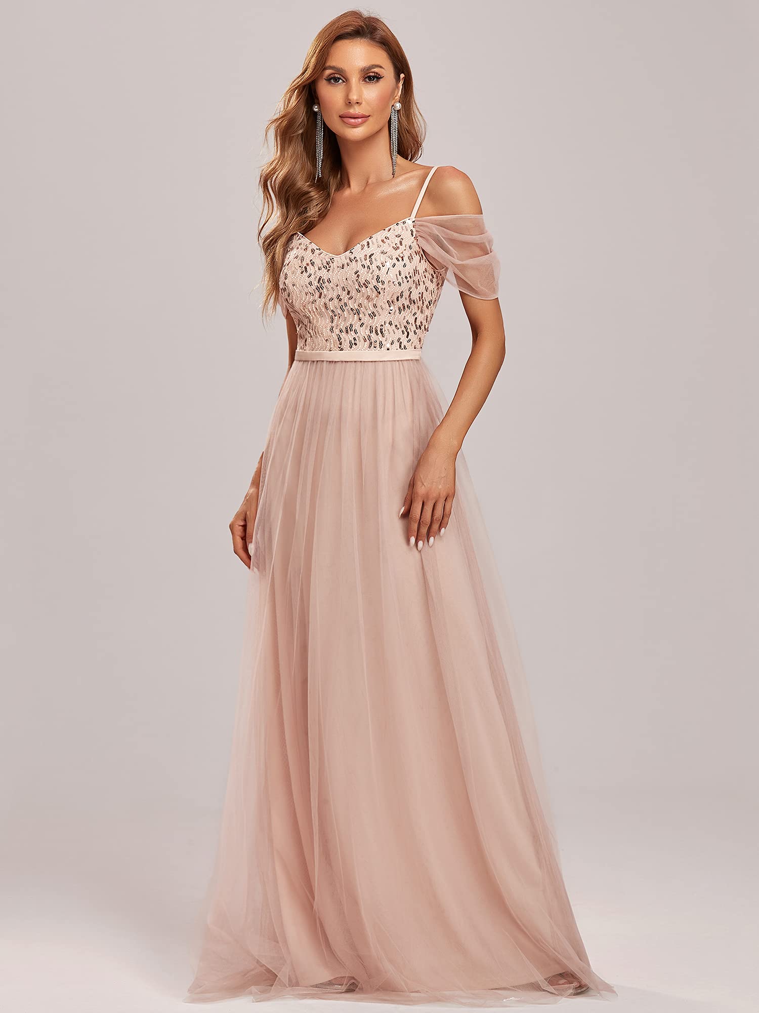 Ever-Pretty Womens Maxi Short Sleeves Straps V Neck A-line Tulle Bridesmaid Dress Rose Gold US14