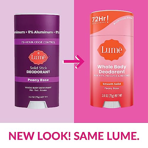 Lume Whole Body Deodorant - Smooth Solid Stick - 72 Hour Odor Control - Aluminum Free, Baking Soda Free and Skin Safe - 2.6 Ounce (Peony Rose)