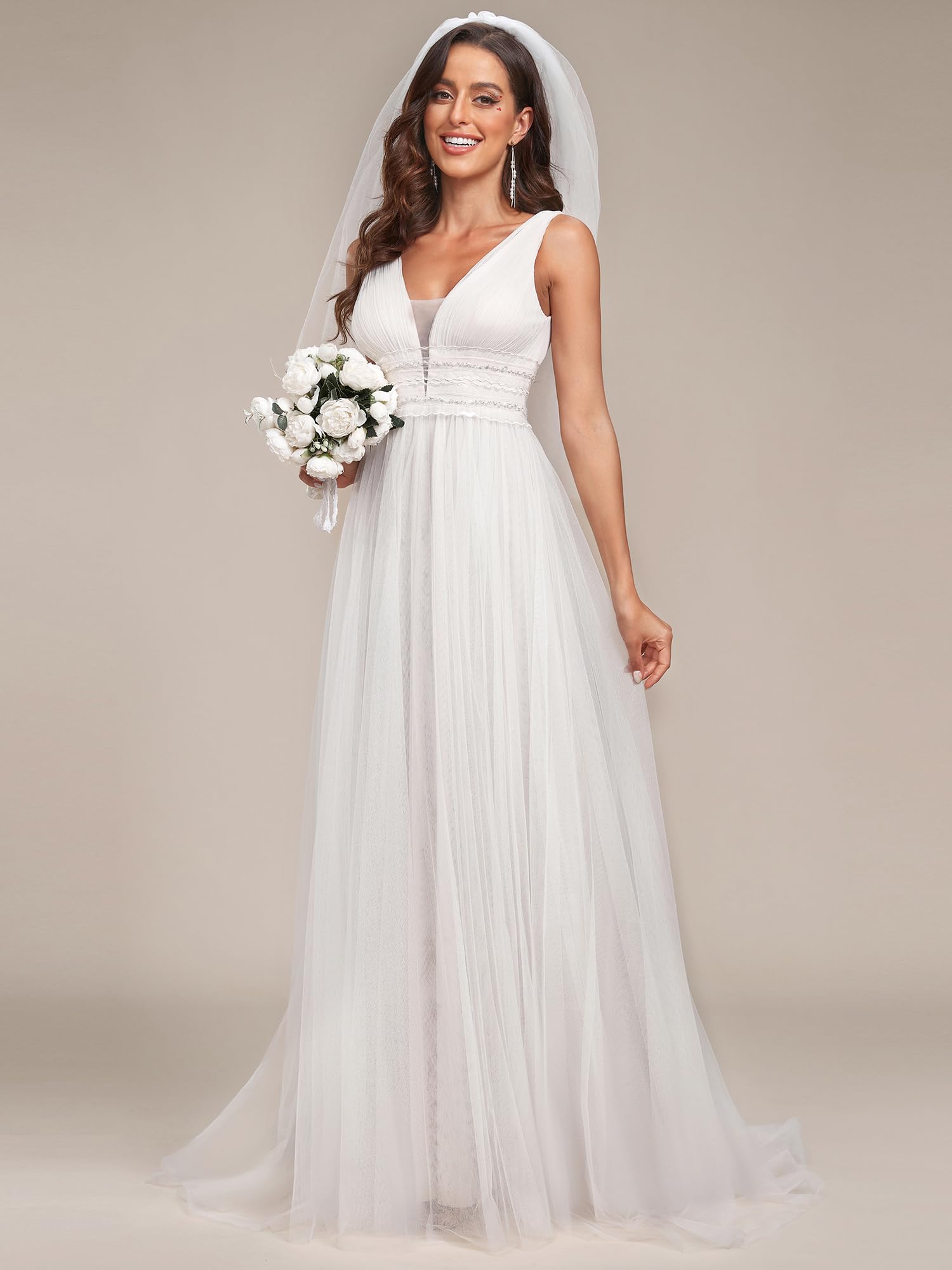 Ever-Pretty Women's Elegant Long Lace Sequin V-Neck Ruched Summer Beach Wedding Gowns for Women White US8