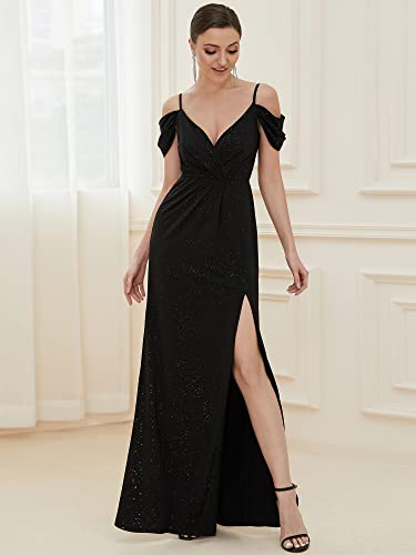 Ever-Pretty Women's V-Neck Ruched Sparkle Short Sleeves Summer Evening Dress for Women Black US6