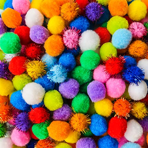 Lumintutu 250pcs Multicolor 1 Inch Pompoms & Glitter Pom Pom Balls Colorful Rainbow Fuzzy Pom Puffs for Art and Crafts Kids DIY Decoration and Pet Cat Toys