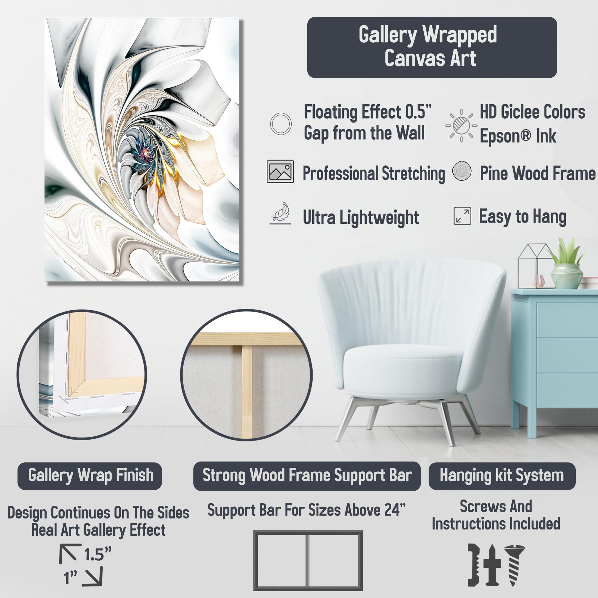 Designart, Modern Canvas Art Wall Decor, White Stained Glass - White Wall Art For Living Room, Floral Wall Art Bedroom, Dining Room Wall Decor, White Wall Art