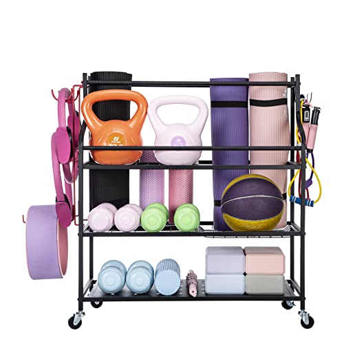 QUSIMI Yoga Mat Equip Storage Rack on Wheel, Dumbbells Kettlebells Workout Storage Weight Rack Cart,Large Home Gym Equipment Multi-use Storage Rack Holder Organizer