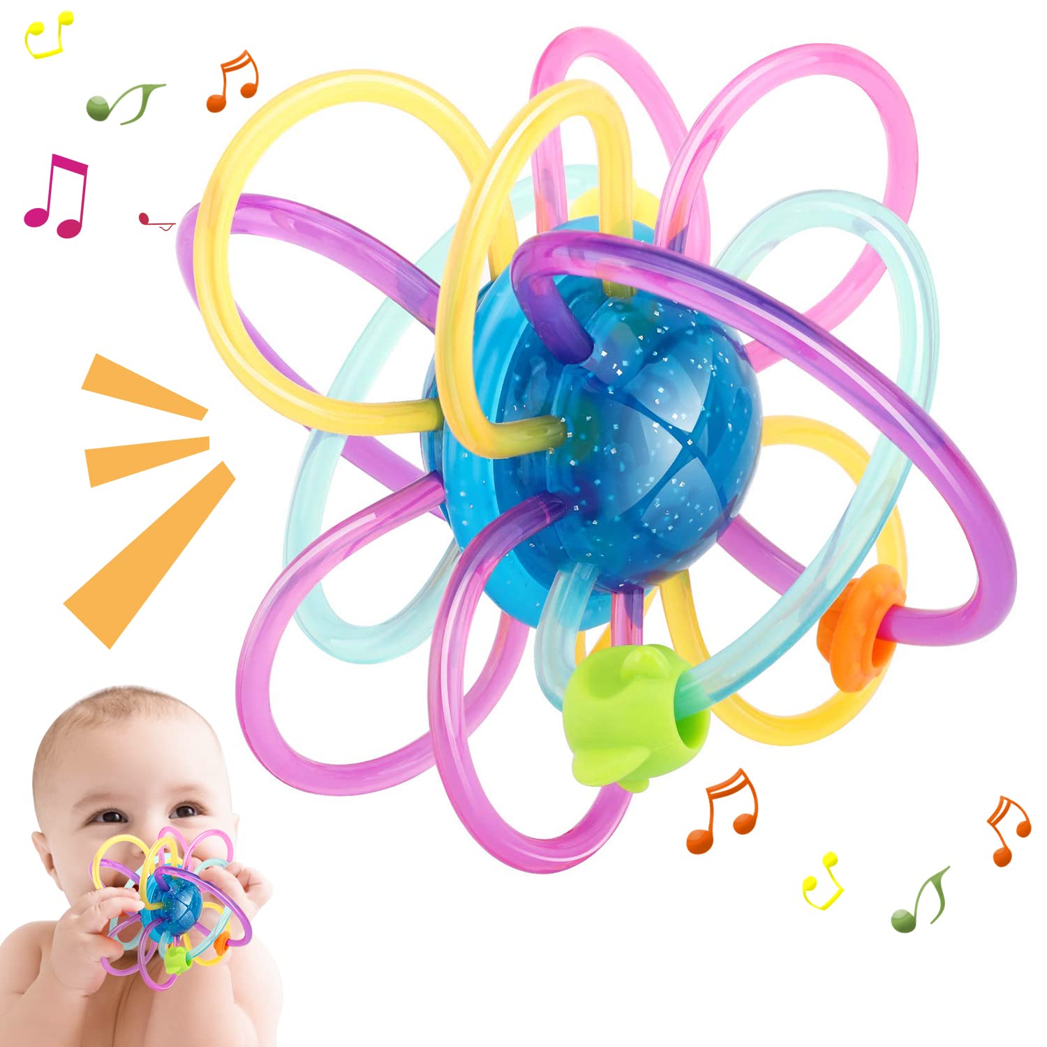 Zooawa Baby Teether, Soft Rattle and Sensory Ball Teething Toy for Pain Relief, BPA-Free Teether Ball Rattle Toy for Infants and Toddlers All Ages, Easy to Hold, Translucent