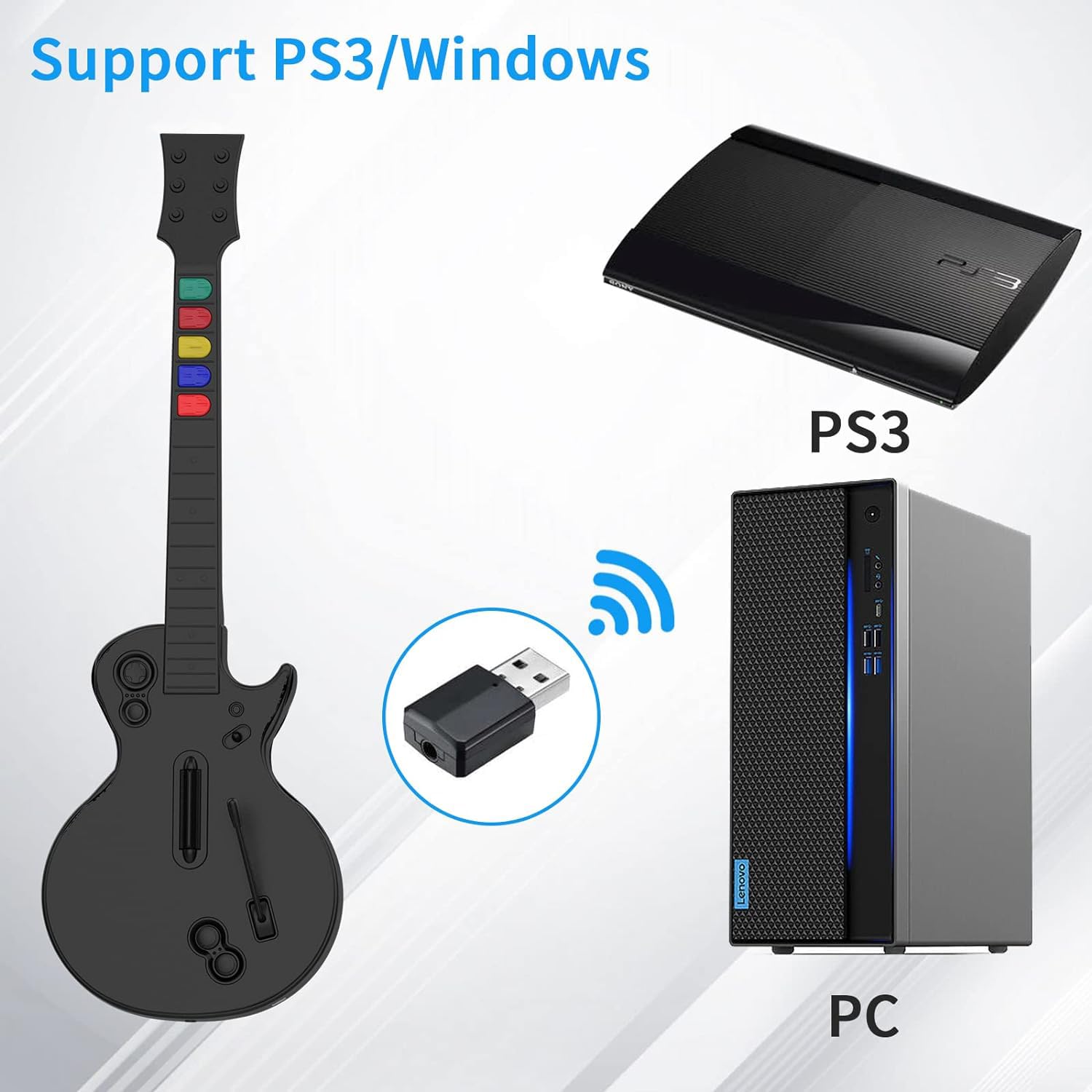 DOYO Guitar Hero Guitar for PlayStation 3 and PC, Wireless Black Guitar Controller with Strap for Clone Hero, Rock Band and Guitar Hero Games (5 Buttons)