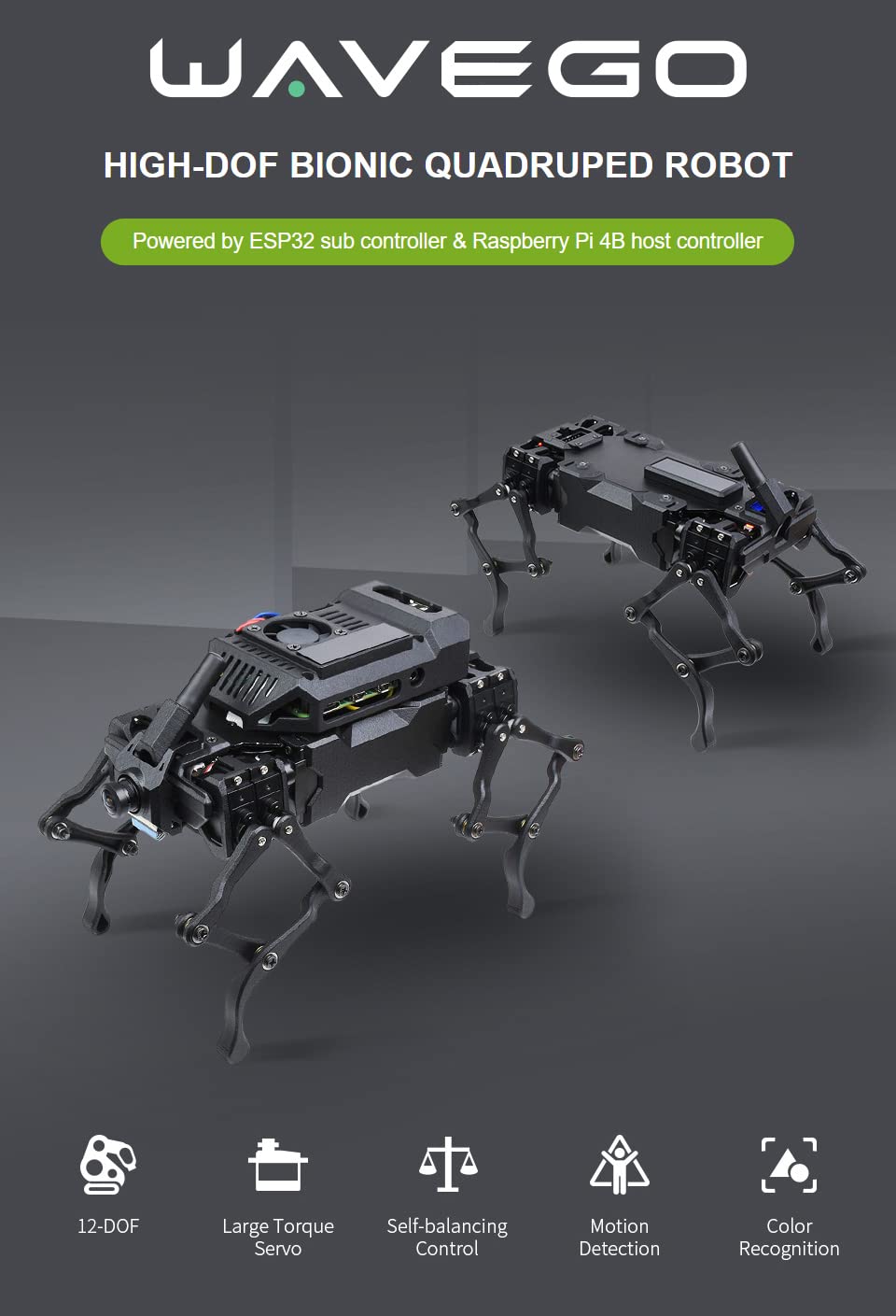 waveshare WAVEGO 12-DOF Bionic Dog-Like Robot Open Source for ESP32 and PI4B Facial Recognition Color Tracking Motion Detection Compatible with PI4B-4GB (Included) (26 Items)