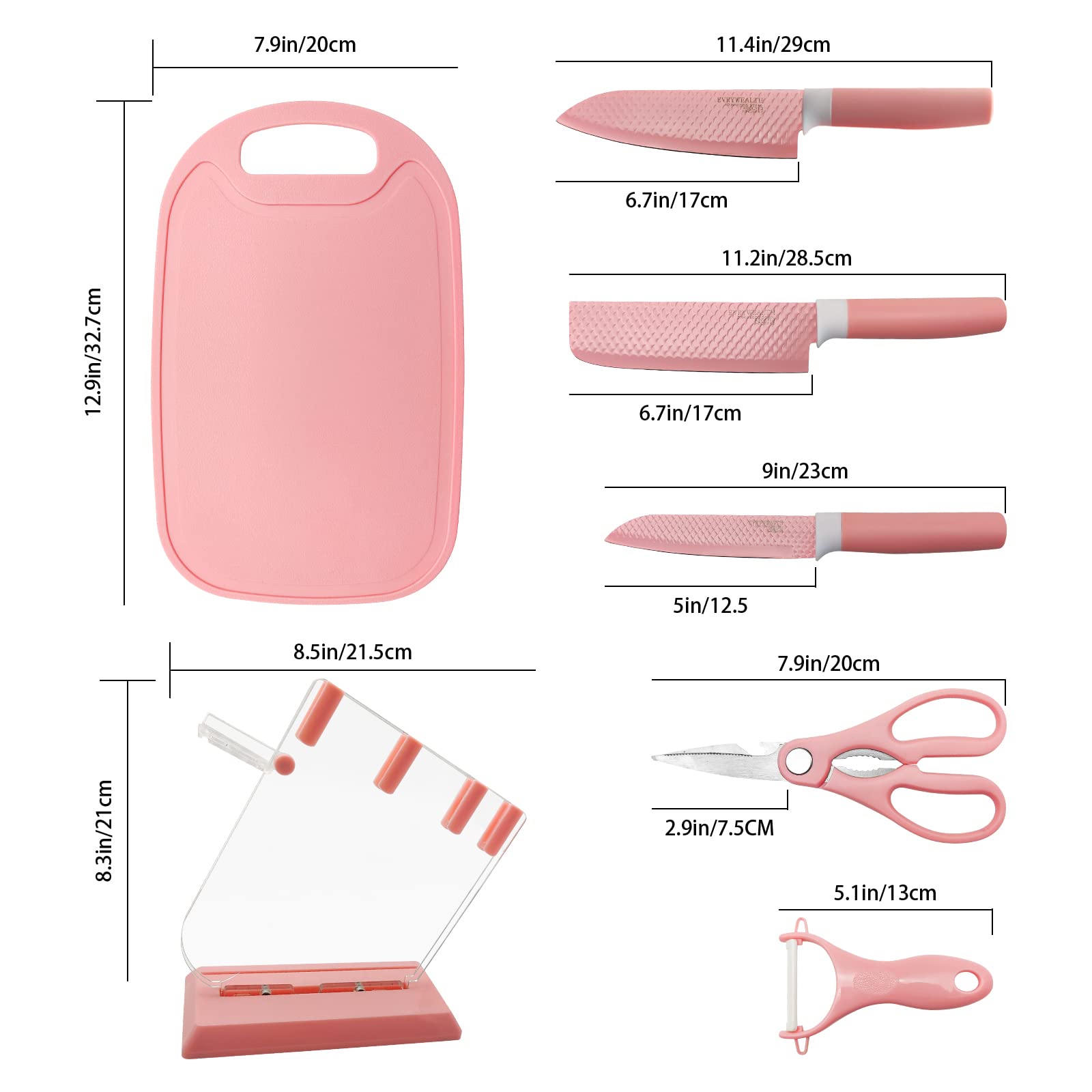 Kitchen Knife Set, Retrosohoo Fish Scales Non-stick Chef Knife Set with Cutting Board and Acrylic Stand, Stainless Steel Sharp Cooking Knives with Gift Box (Pink)