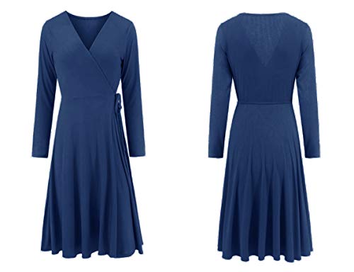 R.Vivimos Women Spring Autumn Long Sleeve Sweater Knitted Slim Elastic V Neck Sexy Midi Wrap Dresses (Large, Navy Blue)