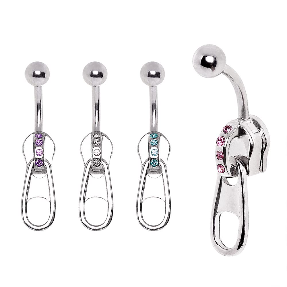 Dynamique 316L Surgical Steel CZ Zipper Belly Button Ring (Sold Per Piece)