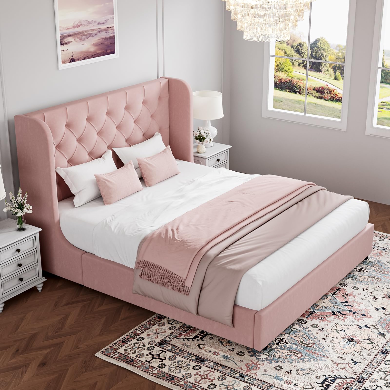 HOMBCK Queen Bed Frame, Pink Velvet Upholstered Bed Frame with Headboard and Wide Wingback, Soft Bed Frame Queen, No Box Spring Required, Noise Free, Easy Assembly, Pink