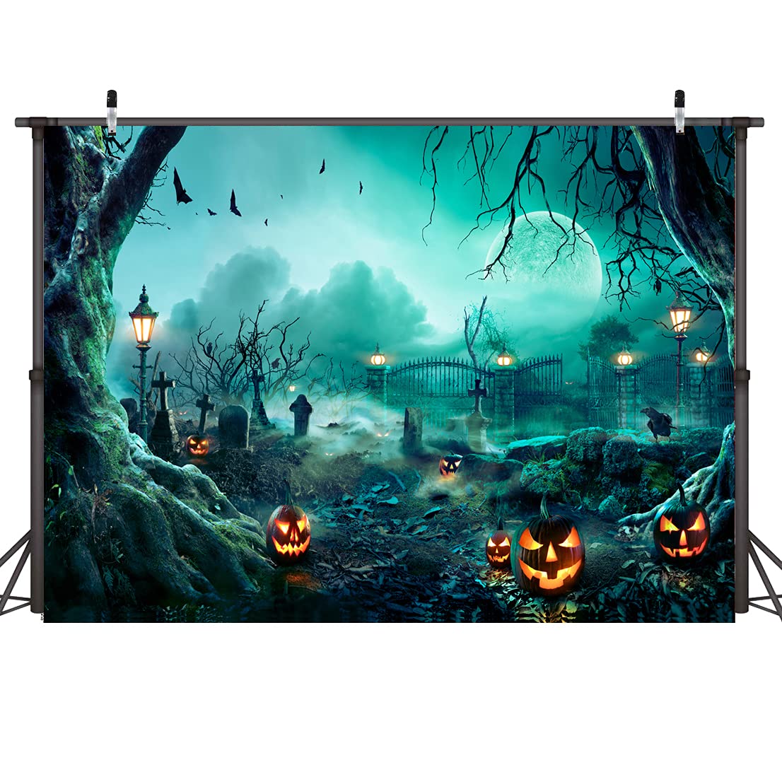 Dudaacvt 7X5FT Halloween Backdrop Horror Moon Night Scary Cemetery Pumpkin Lantern Backdrop for Halloween Kids Adult Family Party Birthday Banner Decor Halloween Photo Backdrop D612