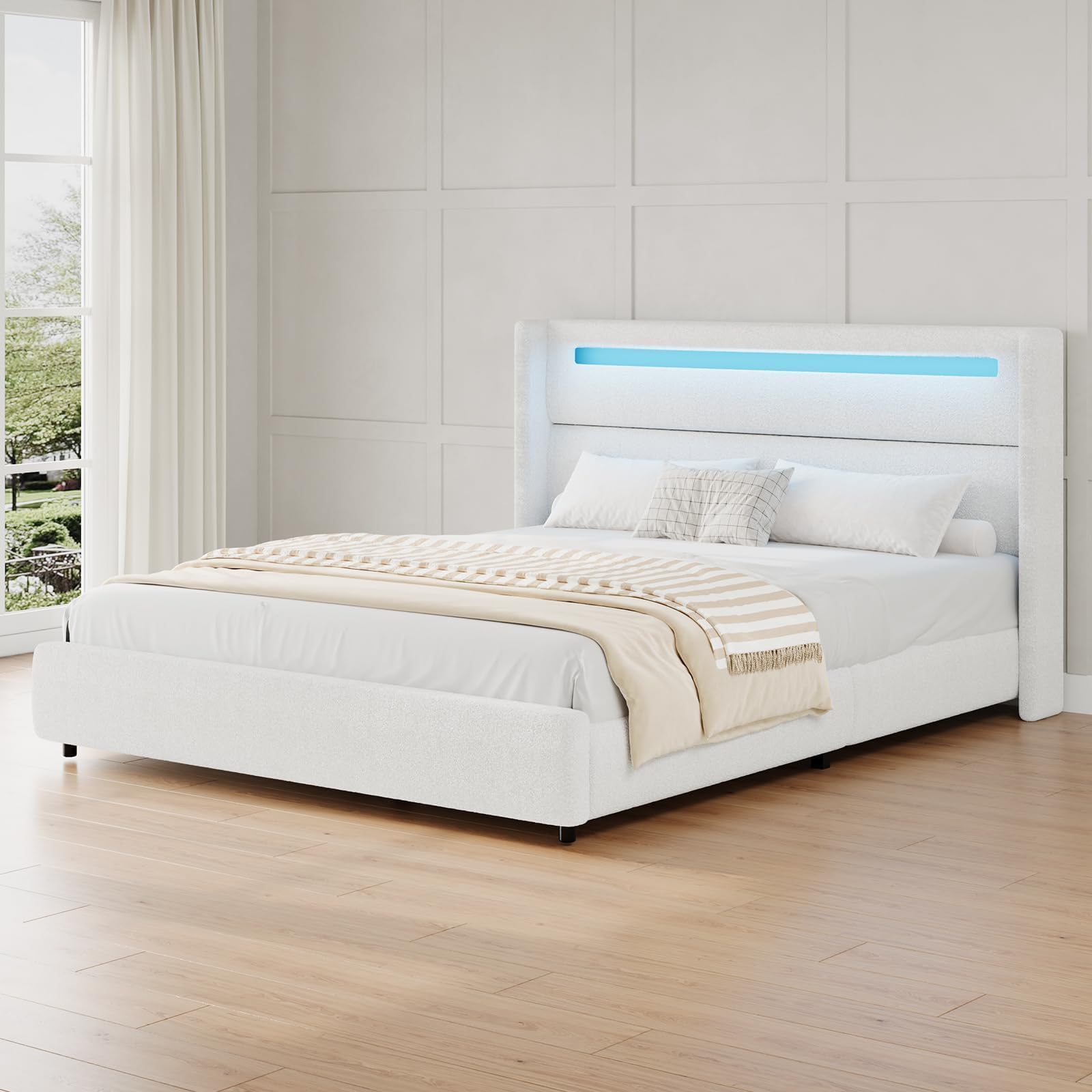 HOMBCK Queen Size Boucle Bed Frame with Headboard, Upholstered Platform Bed with Wood Slats, Soft Bed Frame with Wingback, No Box Spring Required, Easy Assembly, White