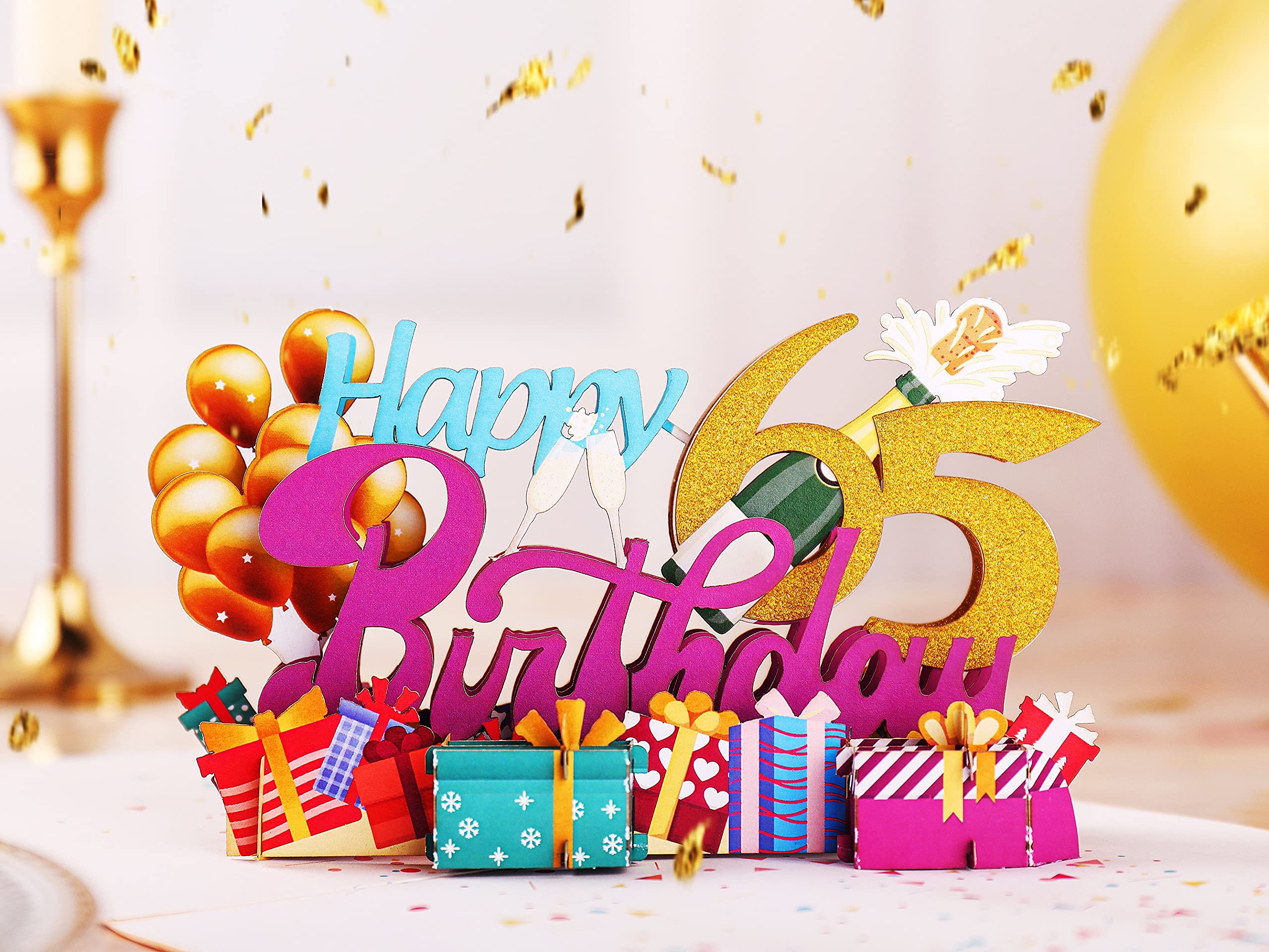 Liif Happy 65Th Birthday 3D Greeting Pop Up Card, Happy Birthday Card For Women, Men, Funny, 65 Years Old, Balloon, Champagne, Celebration - With 65 Gold Glitter & Message Note