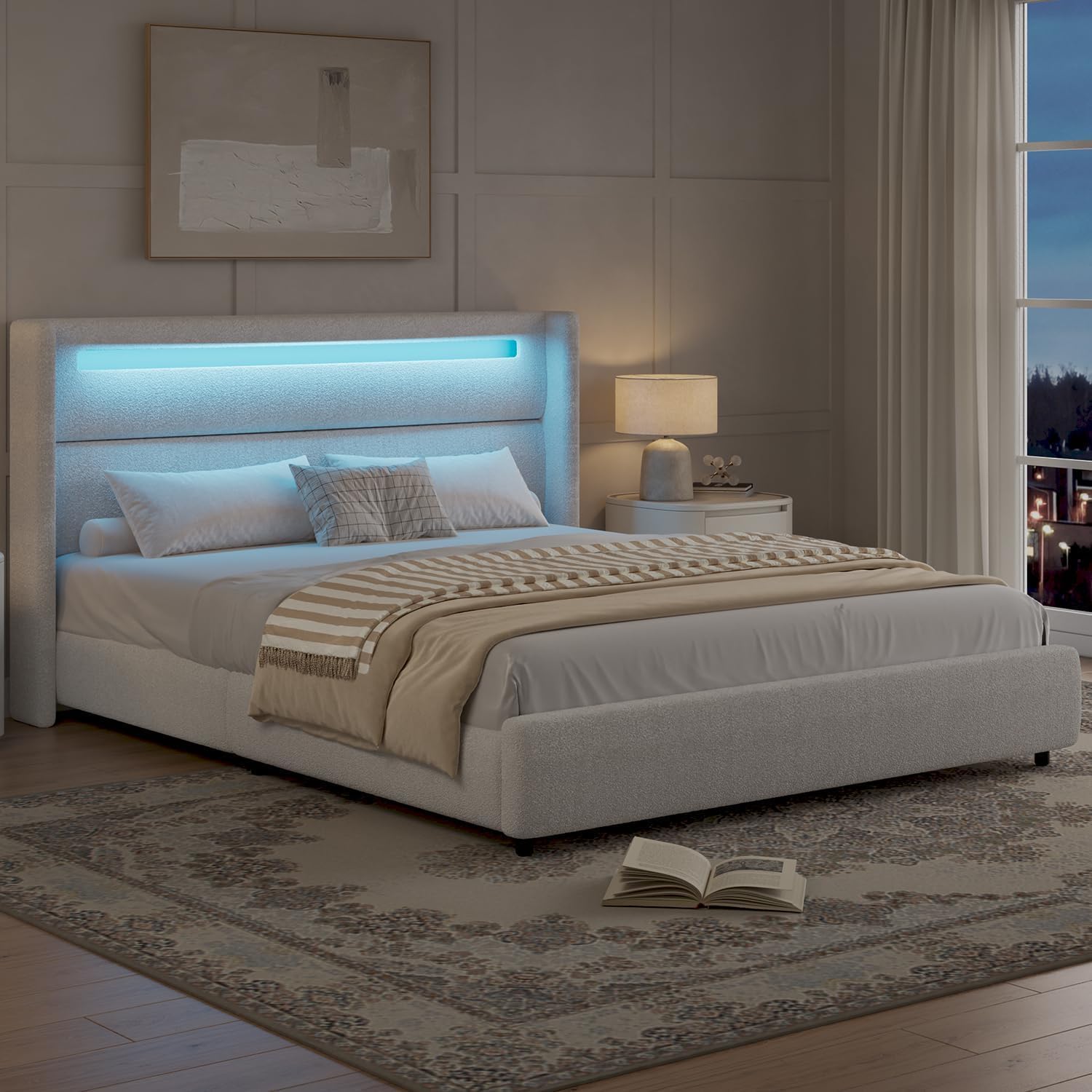 HOMBCK Queen Size Boucle Bed Frame with Headboard, Upholstered Platform Bed with Wood Slats, Soft Bed Frame with Wingback, No Box Spring Required, Easy Assembly, White