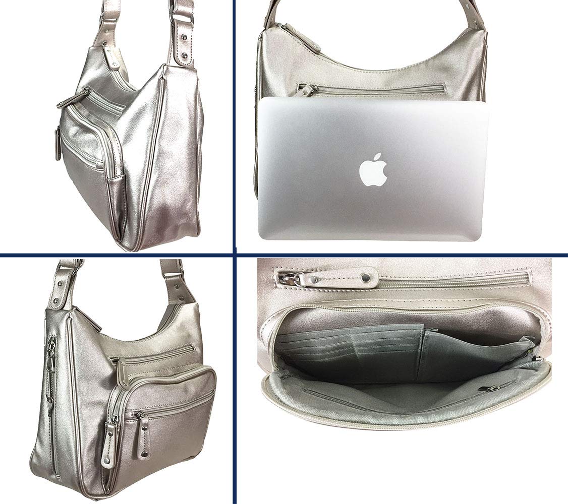Zzfab Fashion Locking Concealed Carry Big Hobo Bag CCW Cross Body Bag with Credit Card Slots Pewter
