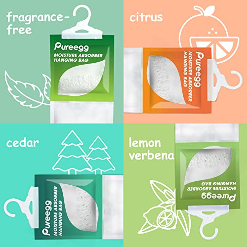 Pureegg Moisture Absorbers Hanging Bag - 12 Packs, Citrus Scent, Odor Absorber for Narrow Spaces, Efficient Humidity Absorber for Kitchens, Basements, Bathrooms, Hanging Closet Odor Eliminator