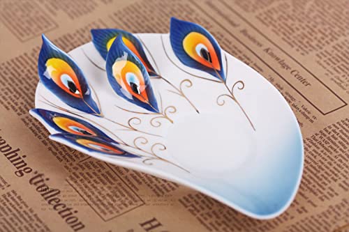 GloDeals Hand Crafted Peacock Tea Coffee Cup Set with Saucer and Spoon Delicate Porcelain Mug for Mom Women Grandma Gift Women’s Day Gift(Blue)