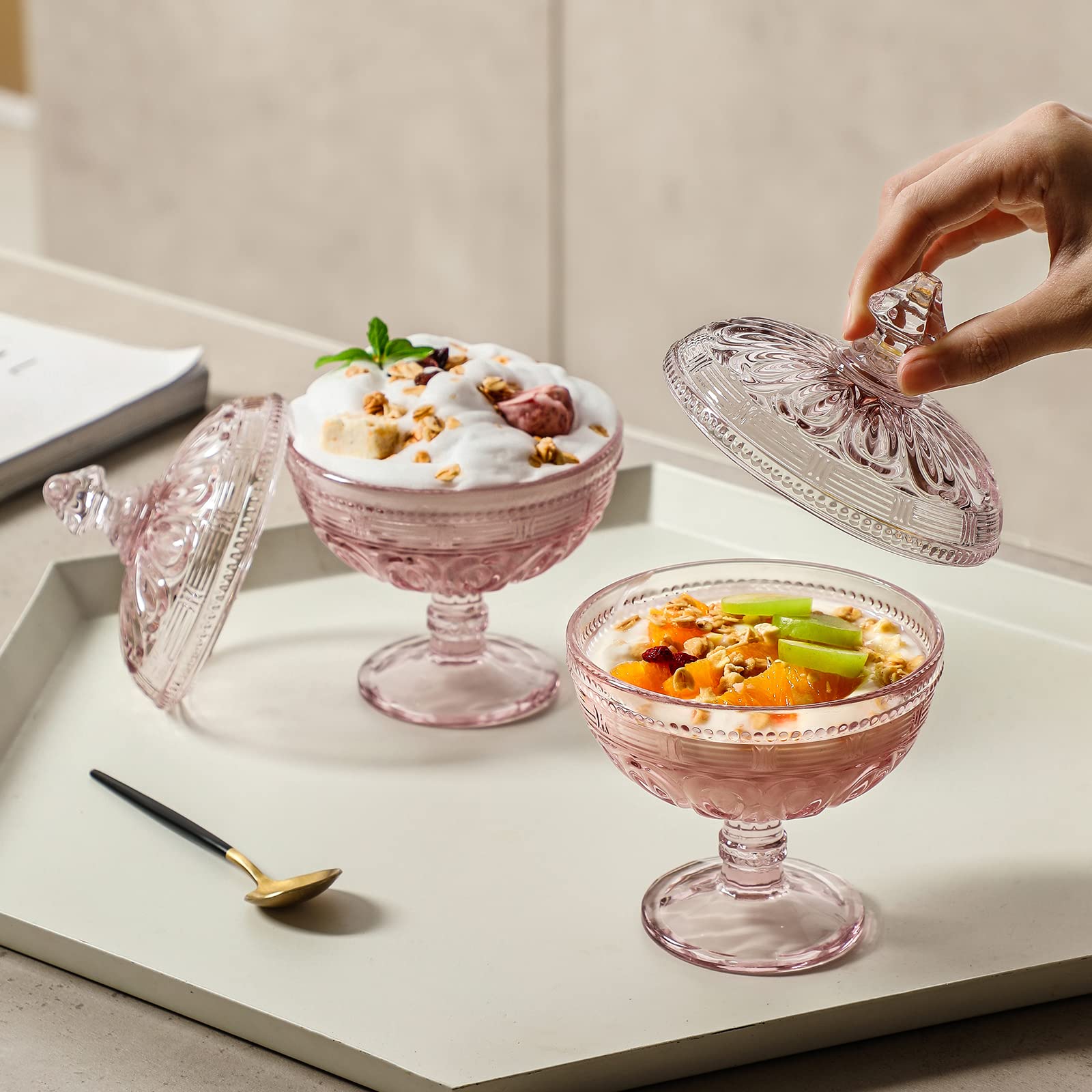 EVEREST GLOBAL Argus Pink Dessert Bowl with Lid 6 oz Confetti Parfait Sundae Nuts Ice Cream Snacks Cereal Candy Jar Fancy Vintage Cute Lovely