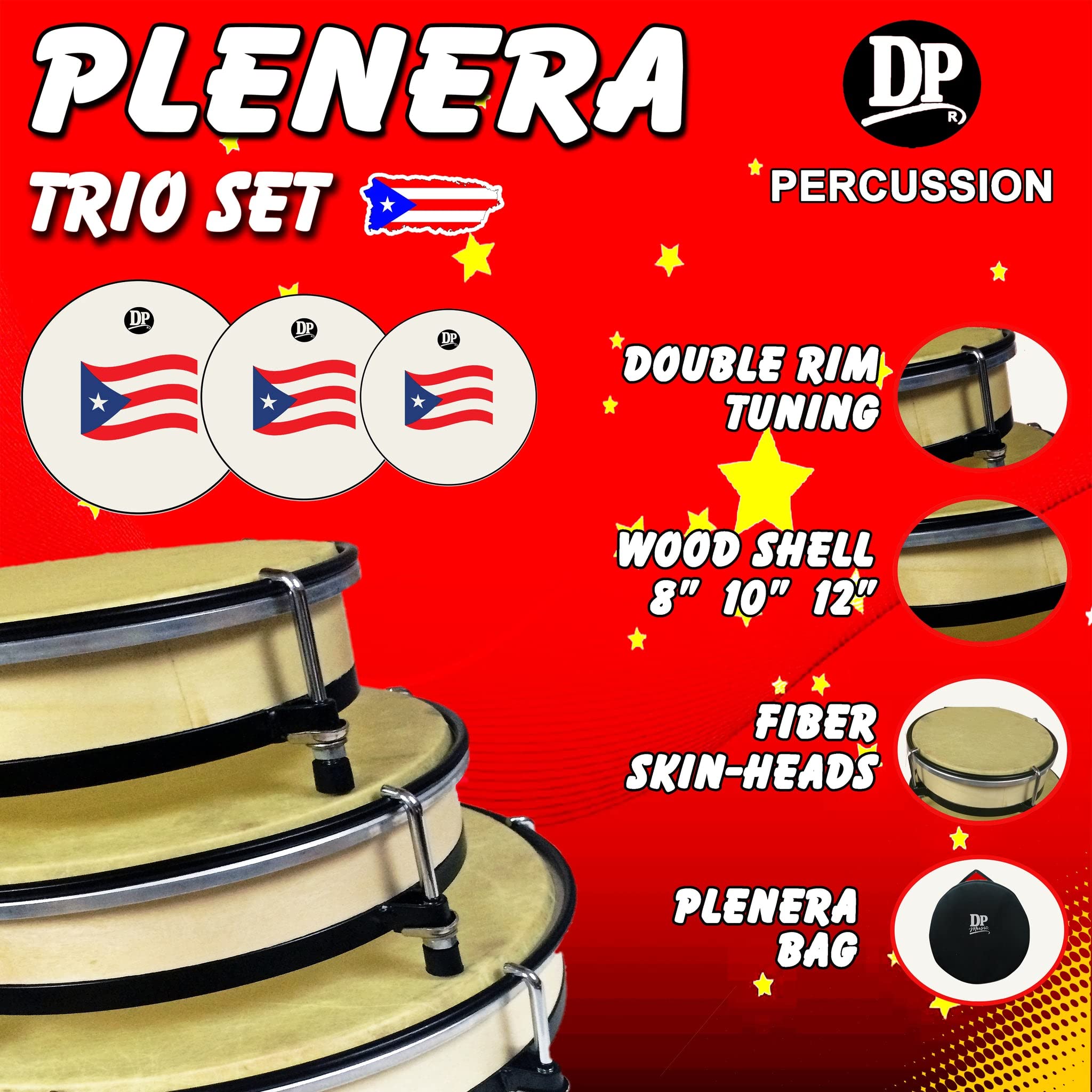 DP Music Set de Panderos - Wood Shell Frame Pleneras Drums with Puerto Rico Flag - Nylon Carrying Case Included