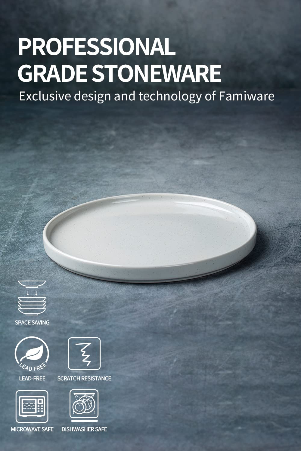 famiware Nebula 6 Pieces Dinner Plates, 10.2" Plates Set, Scratch Resistant, Stoneware Dinnerware, Kitchen Modern Rustic Dishes, Light Gray