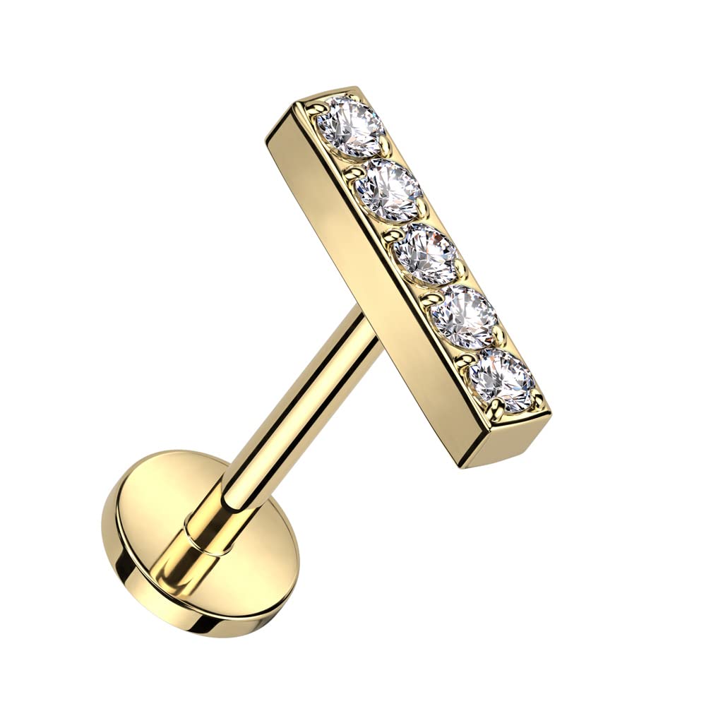 Dynamique Implant Grade Titanium Threadless Push In Labret, Flat Back Stud With 5 CNC Set CZ Lined Straight Bar Top (Sold Per Piece)