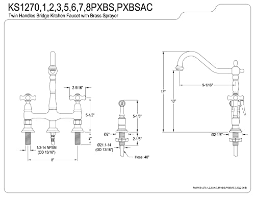 Kingston Brass KS1271PXBS 8-inch Center Heritage Two Handles Bridge Kitchen Faucet with Metal Side Sprayer, Polished Chrome