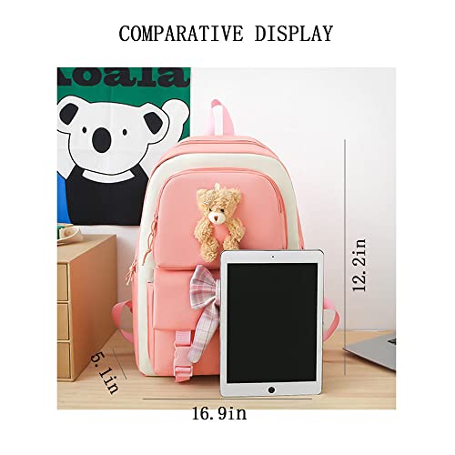 Lokkcy Kawaii Backpack 4Pcs Set with cute plush Pendants & Badge,Japanese School Bag and Backpack for Girls 10-12(Pink)
