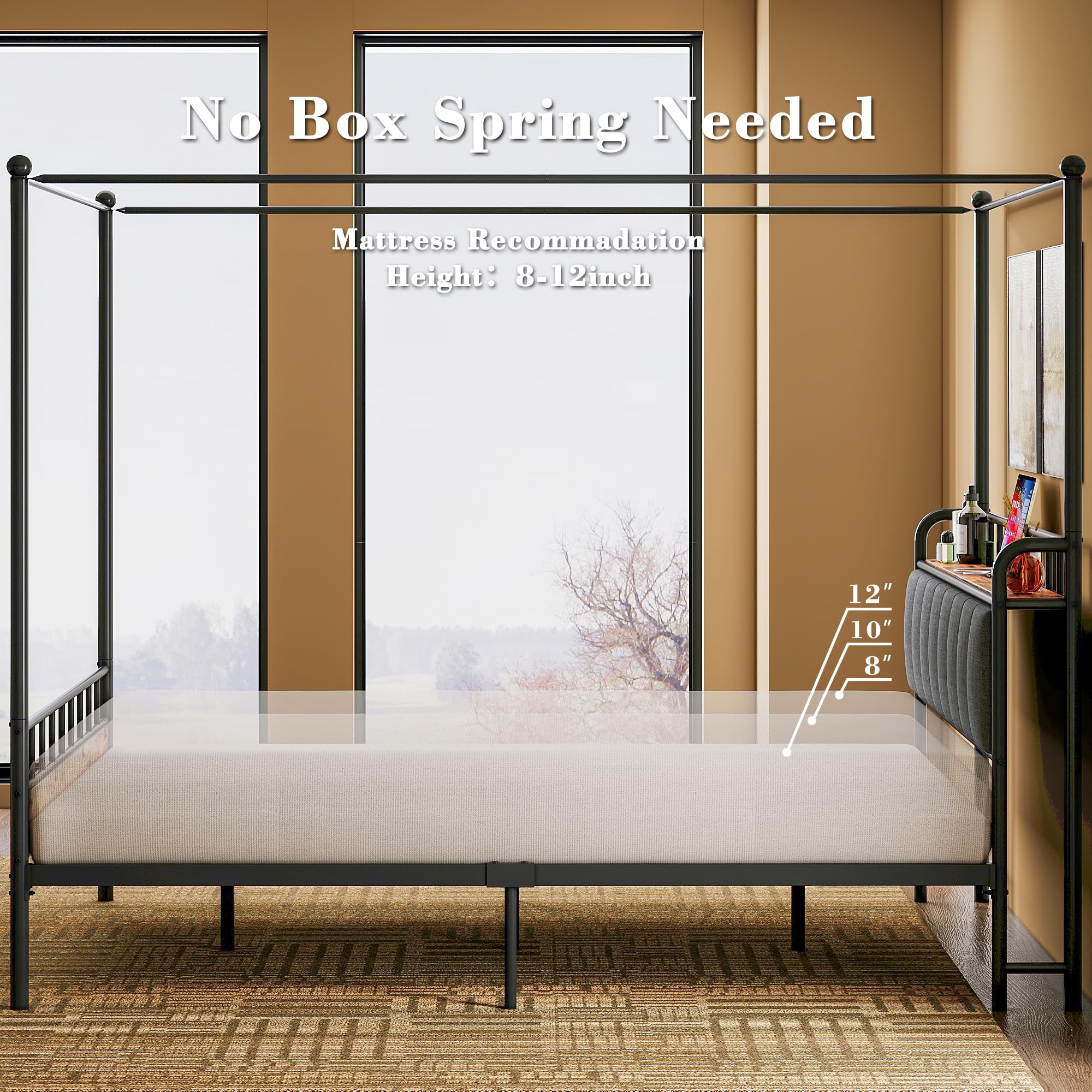LIKIMIO Canopy Bed Frame Queen, Storage Headboard with Charging Station, Platform Bed with 4 Removable Sturdy Posts, Noise Free, No Box Spring Needed, Vintage Brown