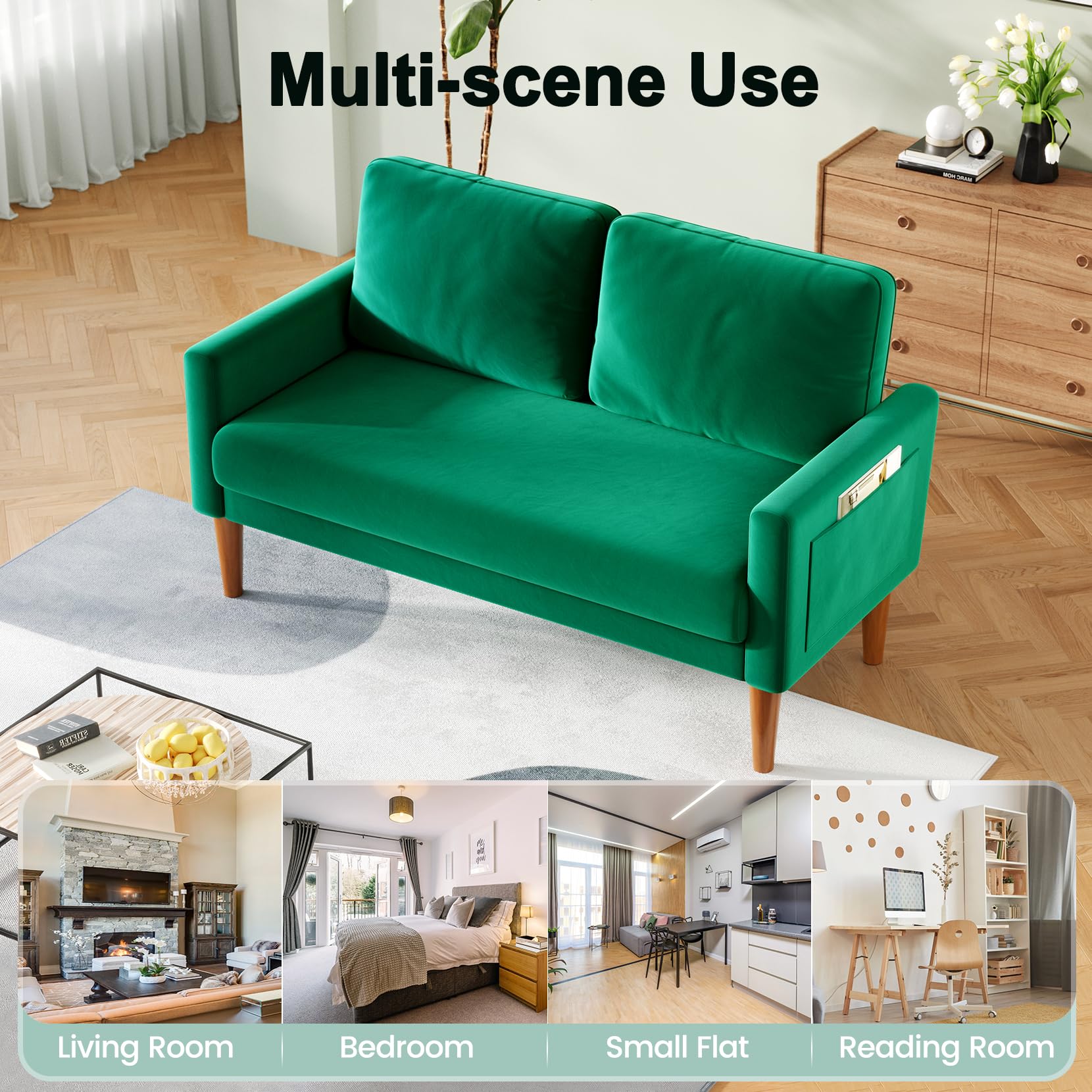 Loveseat Small Sofa, 55" Couch Mid Century Modern Velvet Couch for Small Spaces, Bedroom and Living Room, Easy to Install, Grey
