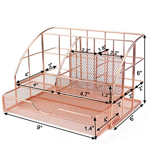 Ogrmar Rose Gold Desk Supplies Organizer, Multi-functional Mesh Desk Organizer with 6 Compartments & Desk Drawer Organizer for Office Supplies and Desk Accessories(Rose Gold) (9" X 6" X 6")