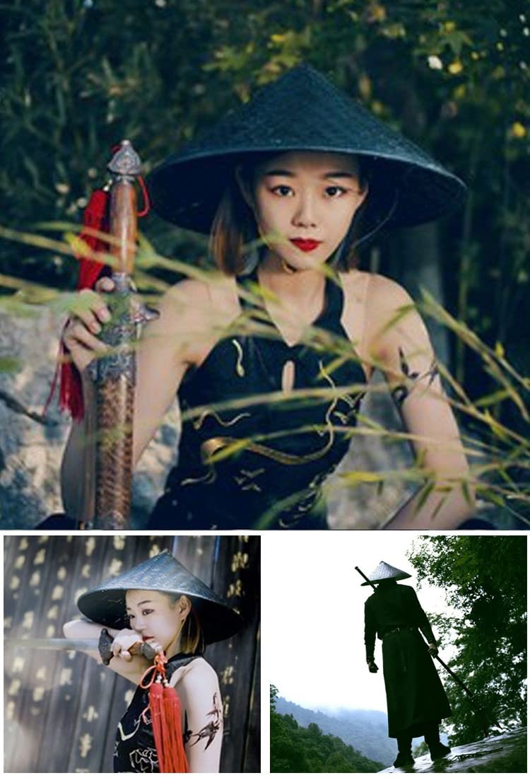 DSFEOIGY Kung Fu Bamboo Weave Hat Shaolin Oriental Headwear Prop Shade Straw Caps Hat (Color : A, Size : One Size)