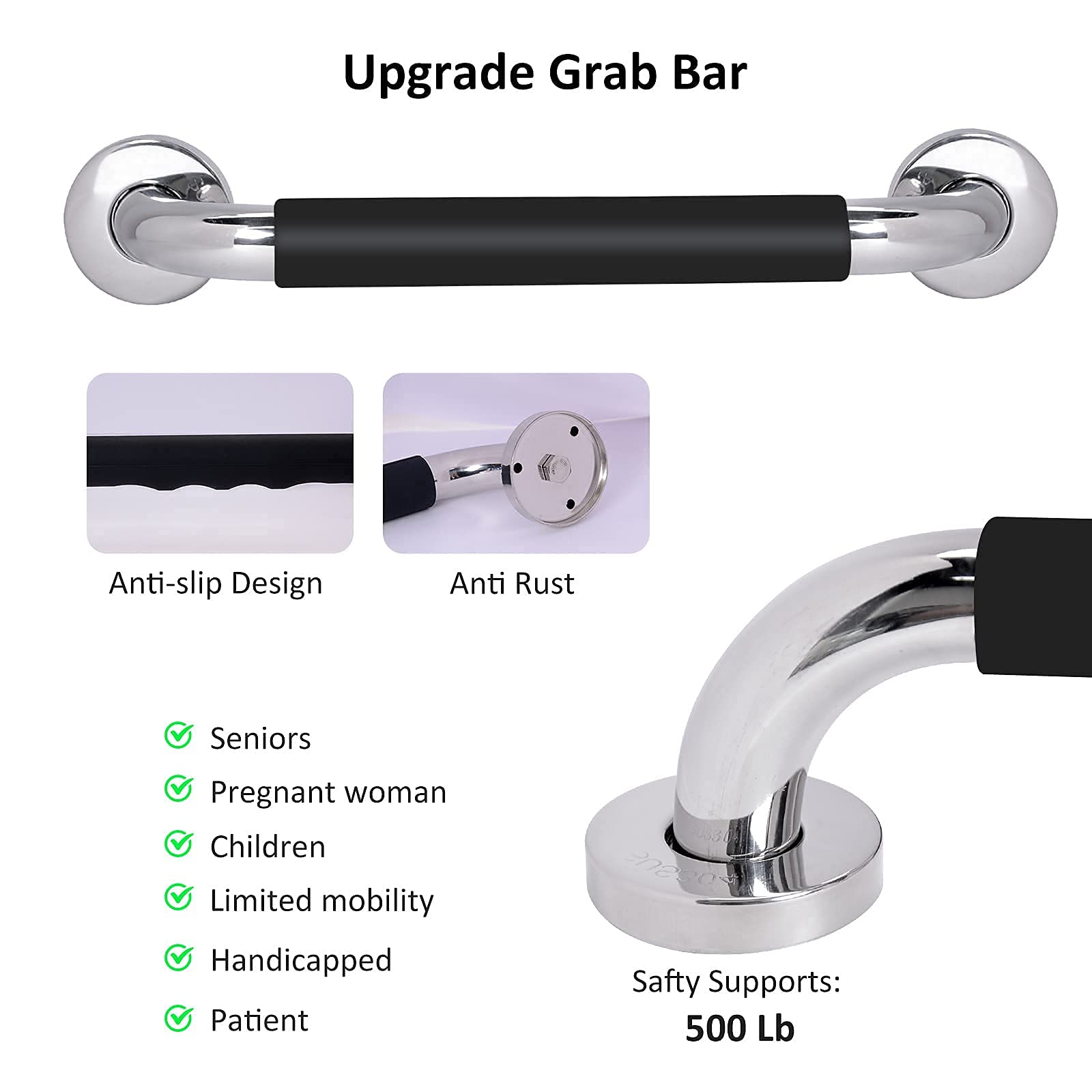 Funland 2 Pack 12 Inch Shower Grab Bar with Anti-Slip Rubber Grip, Stainless Steel Grab Bars Handles for Elderly, Bath Grab Bar, Handicap Grab Bars, Bathroom Balance Senior Assist Handle, Black