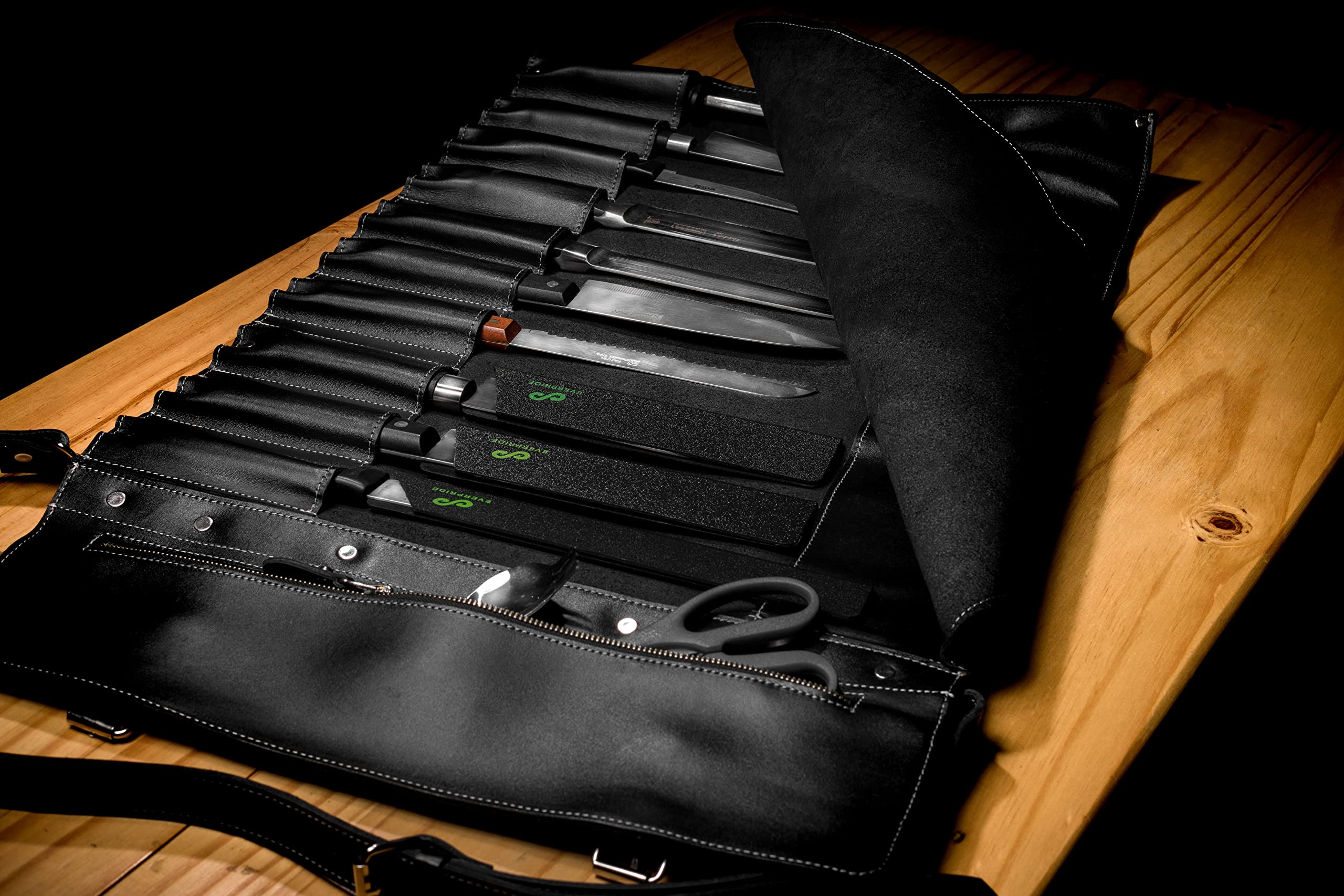 EVERPRIDE Chef Knife Roll Bag Made of Genuine Top Grain Leather β Knife Bag Holds 10 Knives up to 18β PLUS Zippered Compartment for Cooking Accessories β Knives Not Included