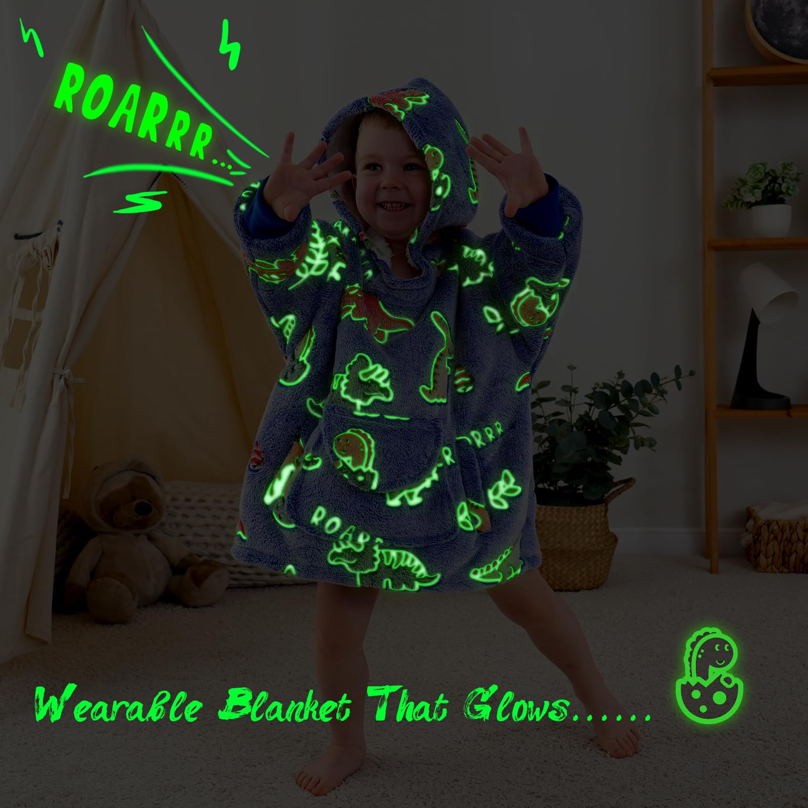 KIVEE Glow in The Dark Dinosaur Wearable Blanket Hoodie for Kids Toddlers