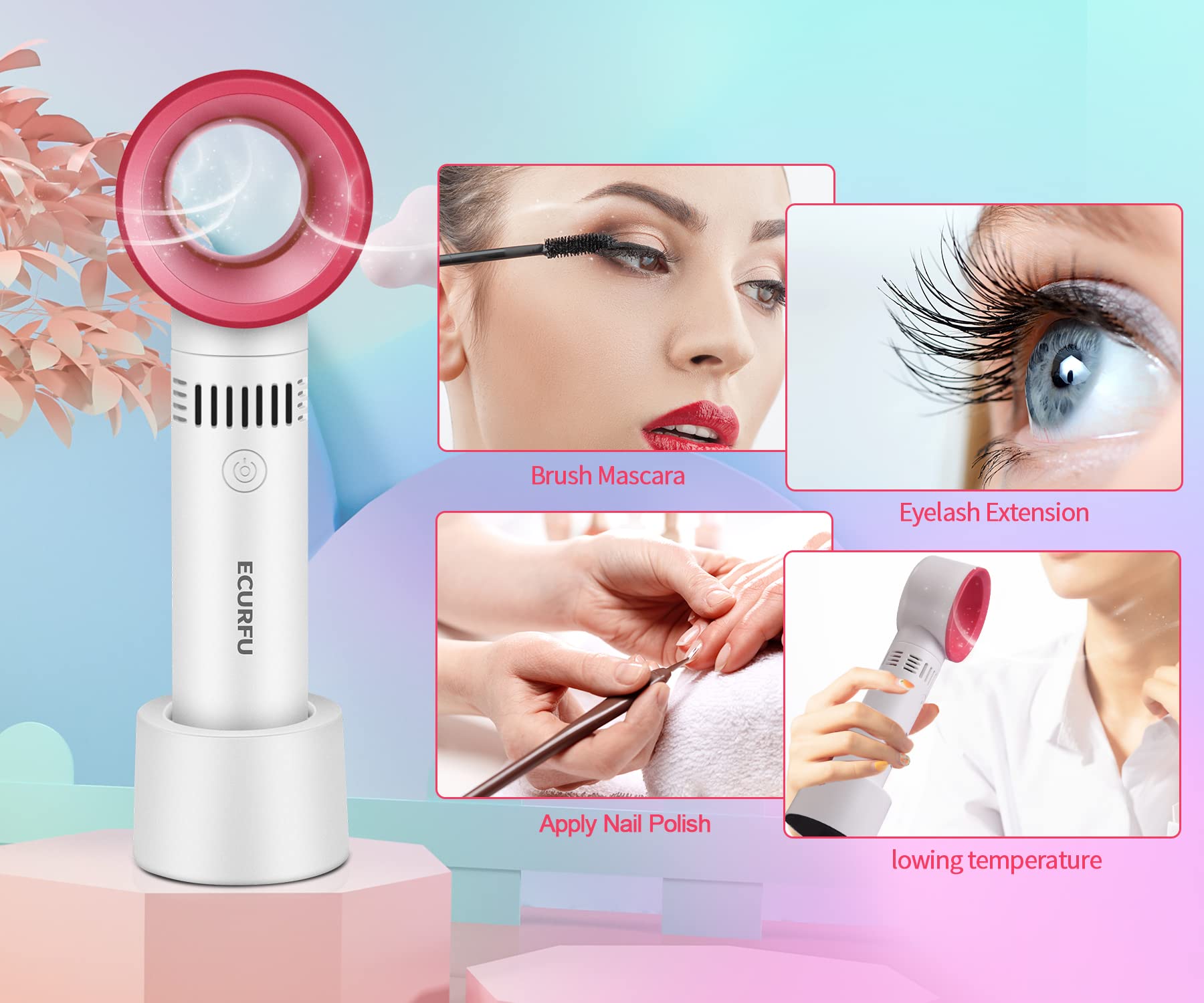 Eyelash Fan Dryer with Lash Tweezers, Portable USB Rechargeable Bladeless Mini Fan Handheld Air Conditioning Blower Cooling Dryer for Essential Eyelash Extension Lash Supplies (White)