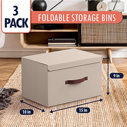 Ornavo Home 3 Pack Collapsible Storage Bins with Lid, Foldable Linen Fabric Shelf Storage Basket Closet Organizer and Large Storage Box for Clothes with Leather Handles, 15 x 10 x 9, Beige