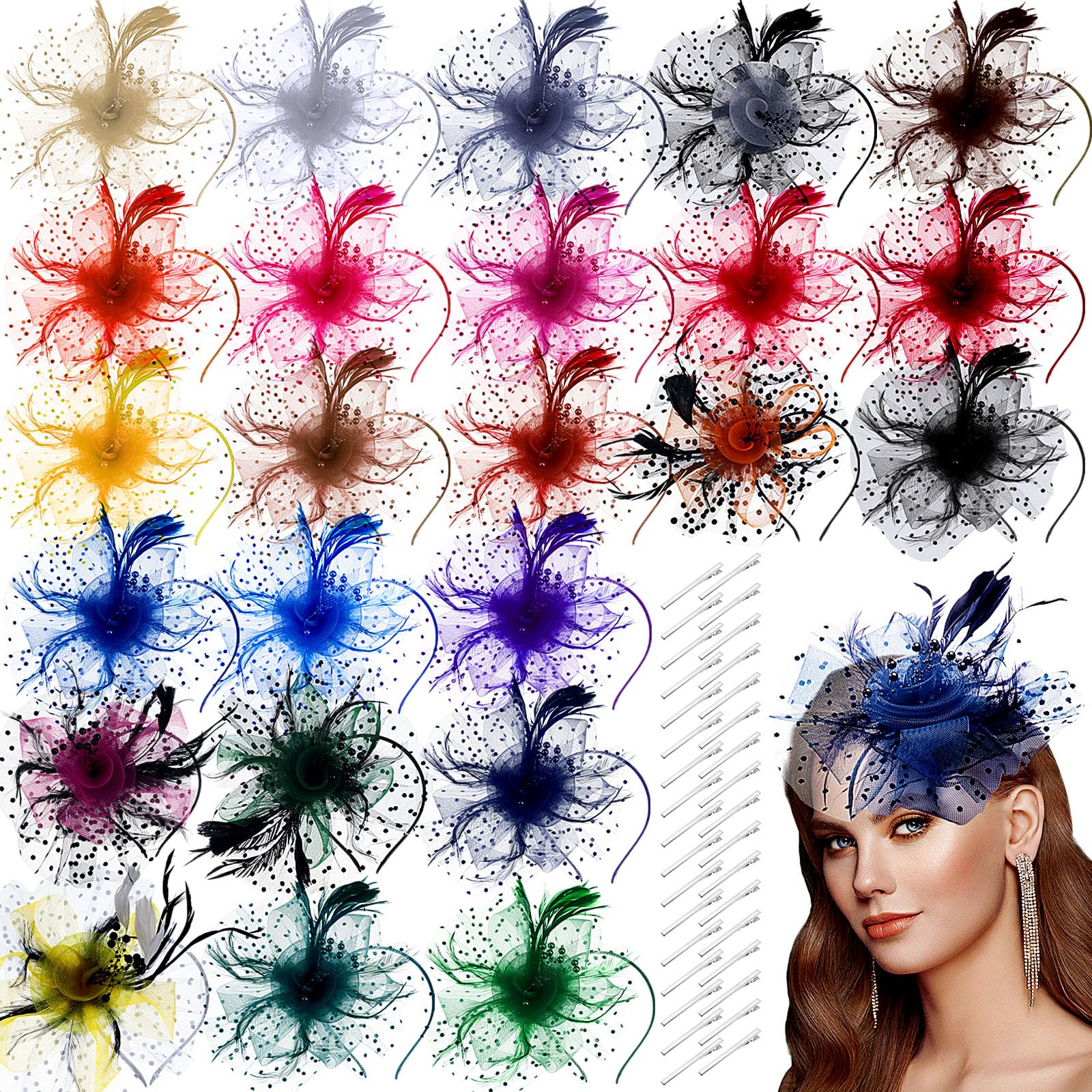 Glitinsel 24 Pcs Fascinators Hats for Women Tea Party Headbands Bulk Mesh Flower Ribbon and Feather Fascinators with Clips for Christmas Halloween 1920s Wedding Church Prom Masquerade Cocktail