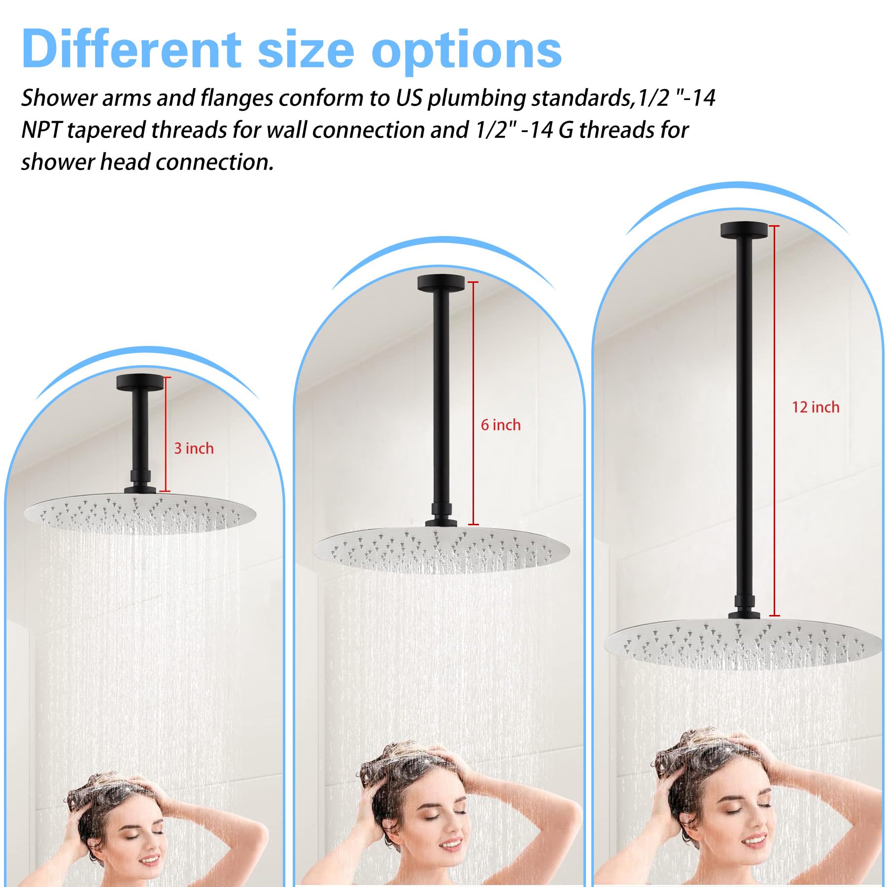 Enoughmen Ceiling Mount Shower Arm with Flange for Rain Shower Head,Stainless Steel Straight Arm for Fixed Shower Head,3 Inch Matte Black