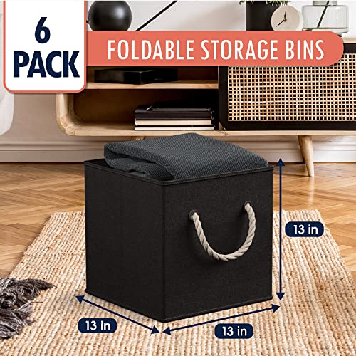 Ornavo Home Foldable Collapsible Storage Box Bins Linen Fabric Shelf Basket Cube Organizer with Rope Handles - Set of 6-13 x 13 x 13 - Black