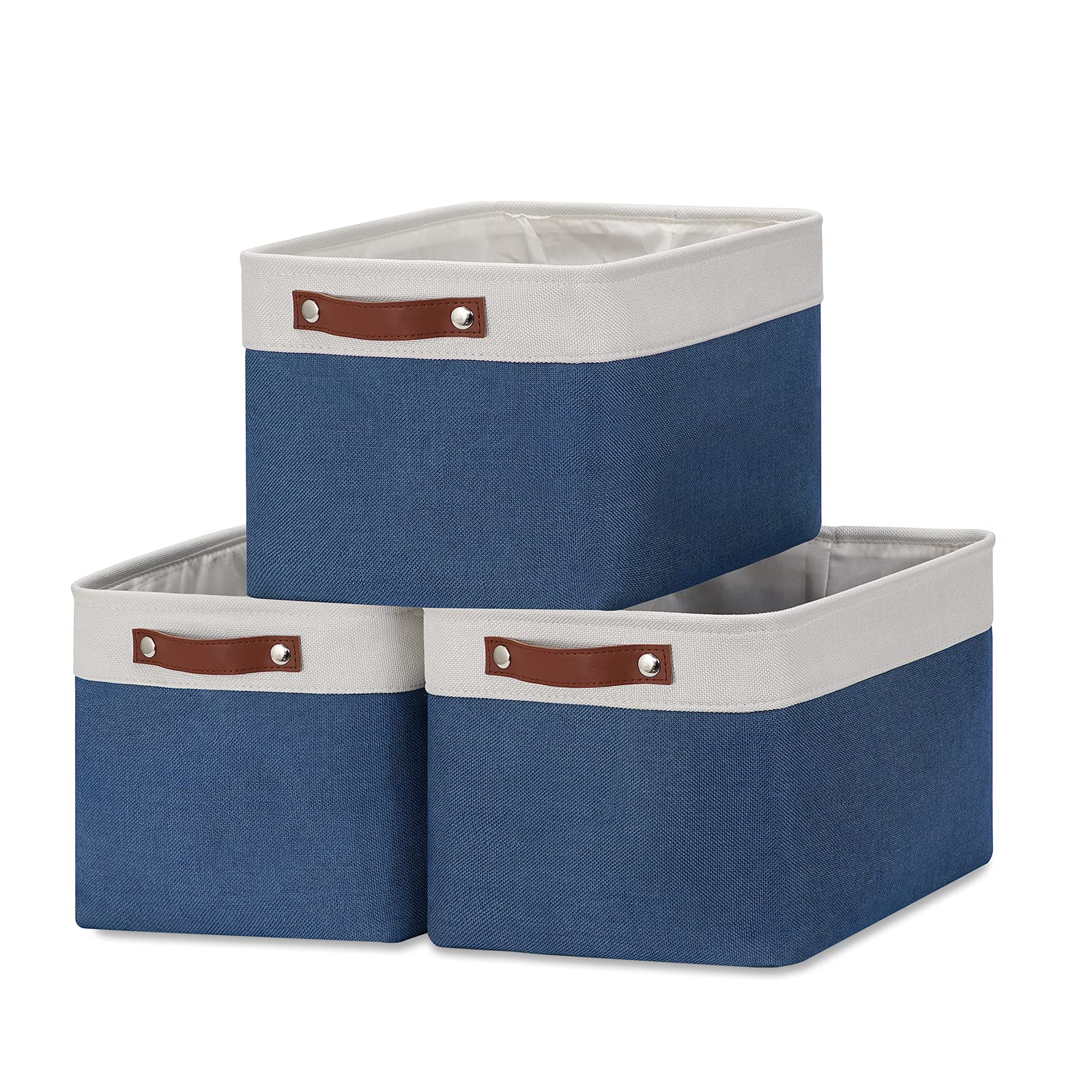 DULLEMELO Collapsible Bundle Baskets 3 Medium Baskets 15"x11"x9.5" + 2 Large Baskets 16"x12"x12"(White&Blue)