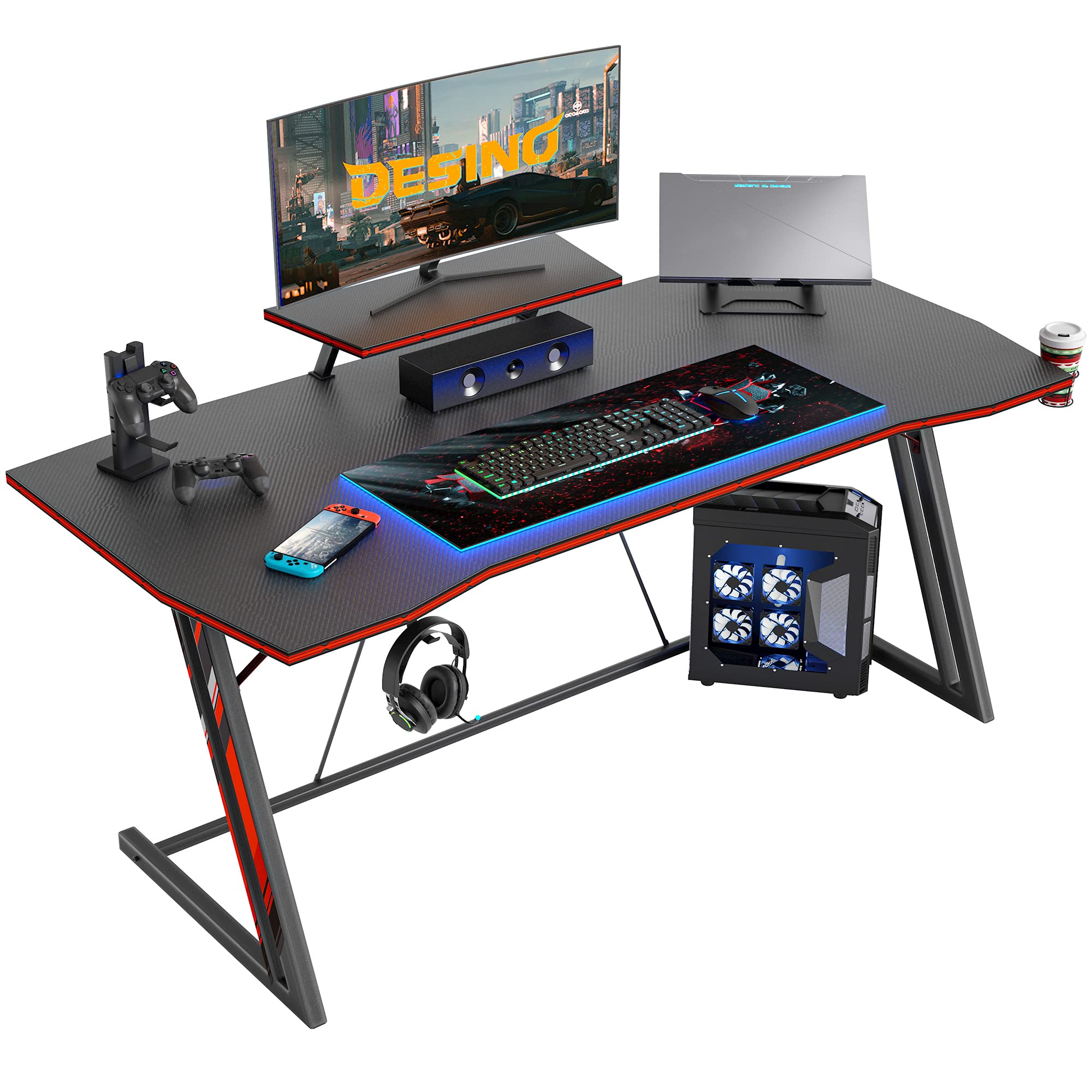 DESINO Gaming Desk 47 inch PC Computer Desk, Home Office Desk Gaming Table Z Shaped Gamer Workstation with Cup Holder and Headphone Hook, Black