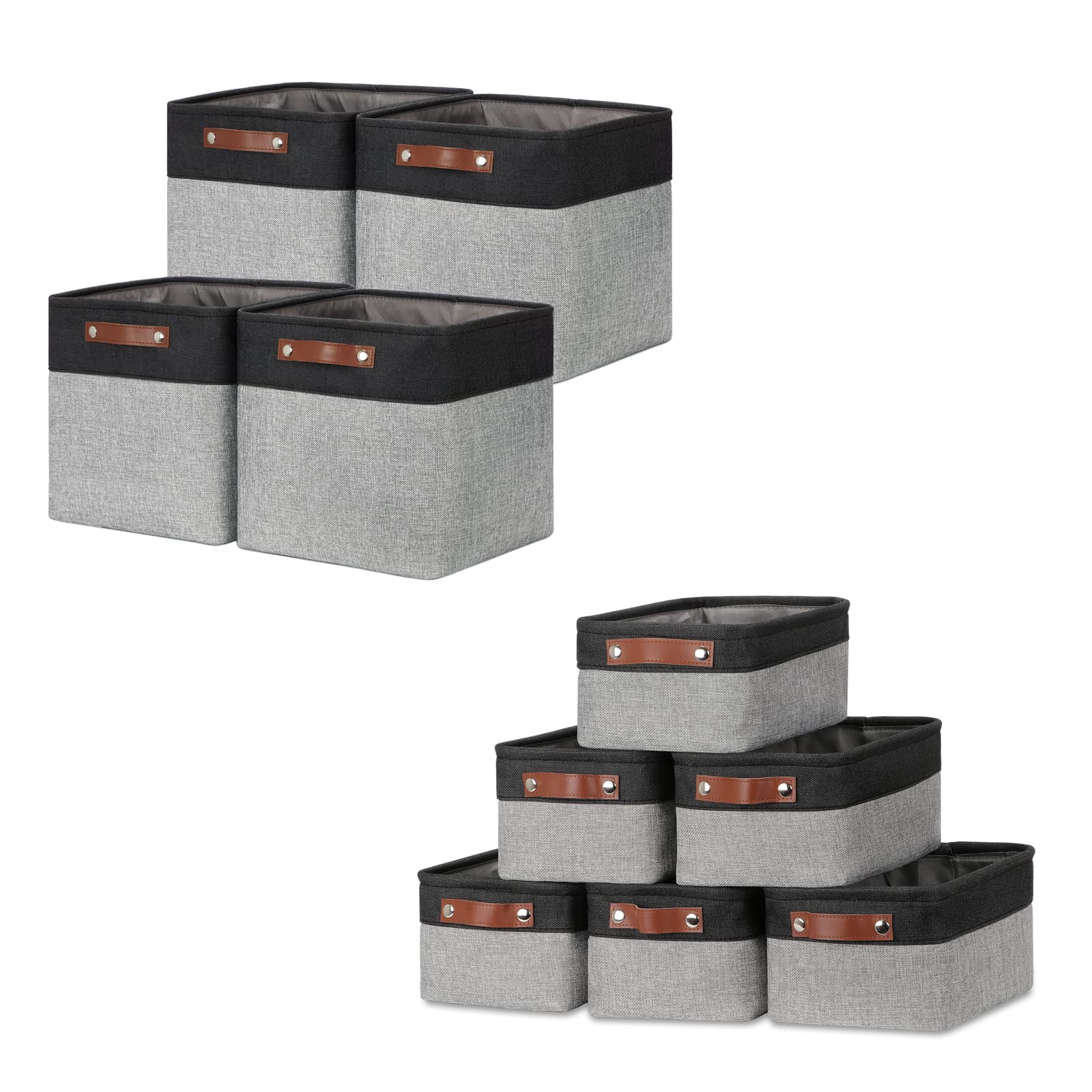 DULLEMELO Collapsible Bundle Baskets 4 Cube Baskets 12"x12"x12" + 6 Small Baskets 11.8"x7.9"x5.1"(Black&Grey