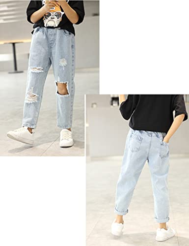 QIBABU Kid Big Girl's Baggy Ripped Jeans Elastic Waist Washed Denim Pants for 8-14 Years(0865-Blue-14Y-QB)