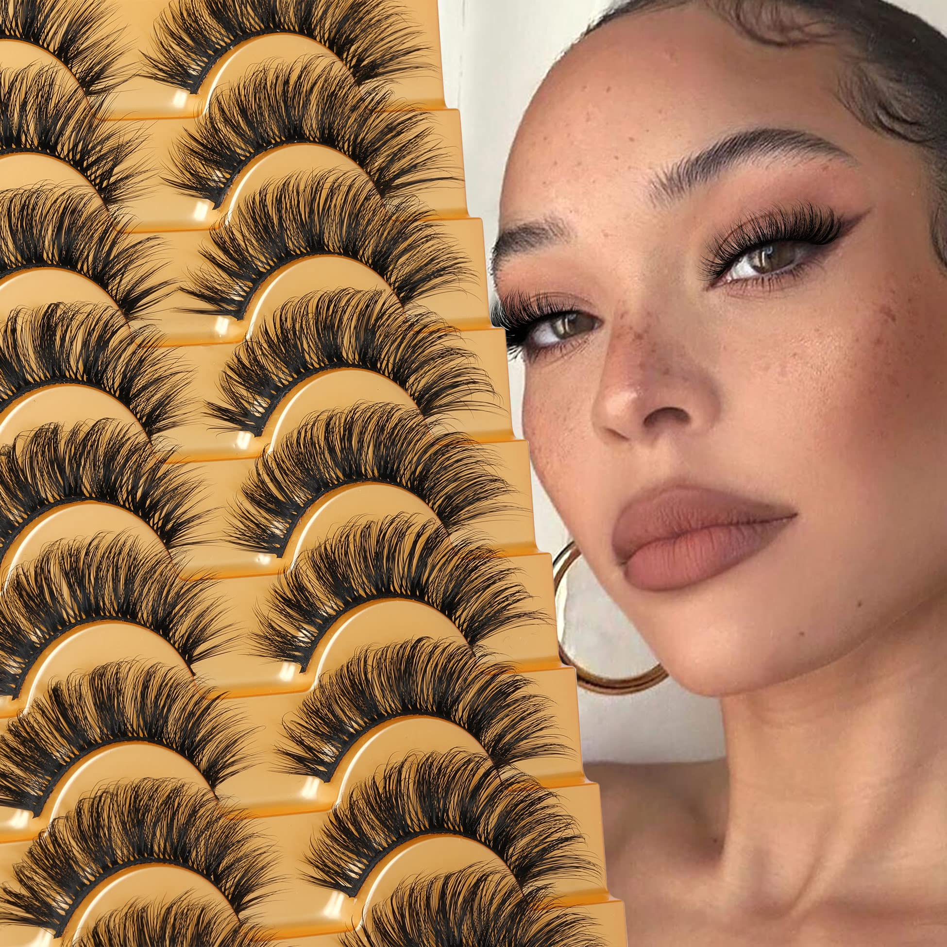 Eyelashes Natural Looking 16MM Wispy False Lashes D curl Cat Eye Fluffy Volume Faux Mink Lashes Pack 9 Pairs by Mavphnee