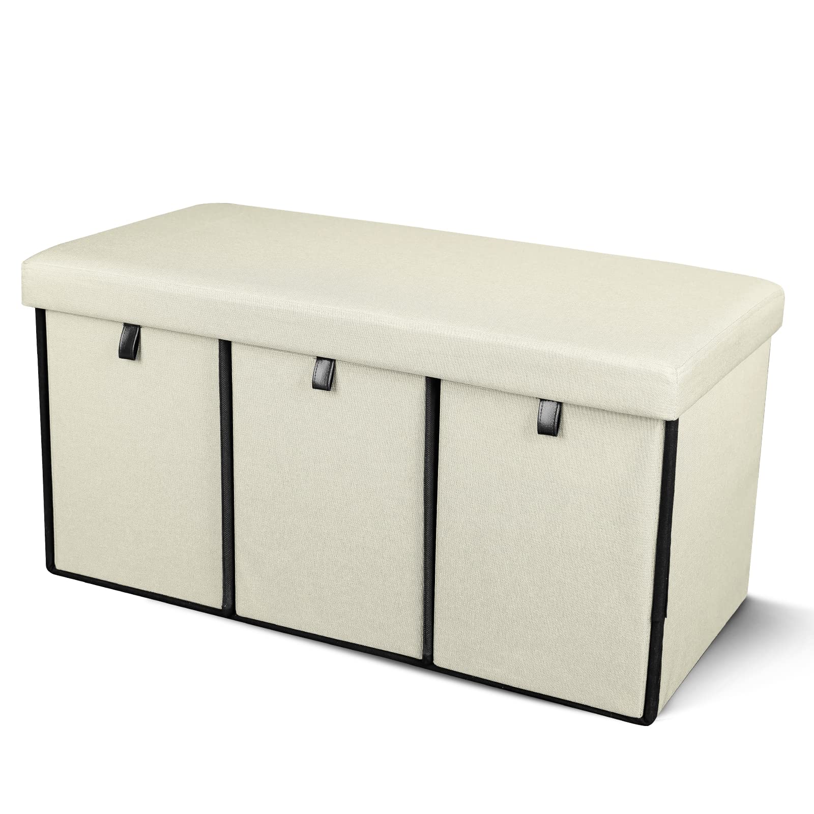 ECOMEX Storage Ottoman with Drawers, Folding Storage Ottoman Bench with Foam Padded Seat, Storage Bench and Faux Leather Ottoman Foot Rest for Bedroom and Hallway Support 600LBS Beige