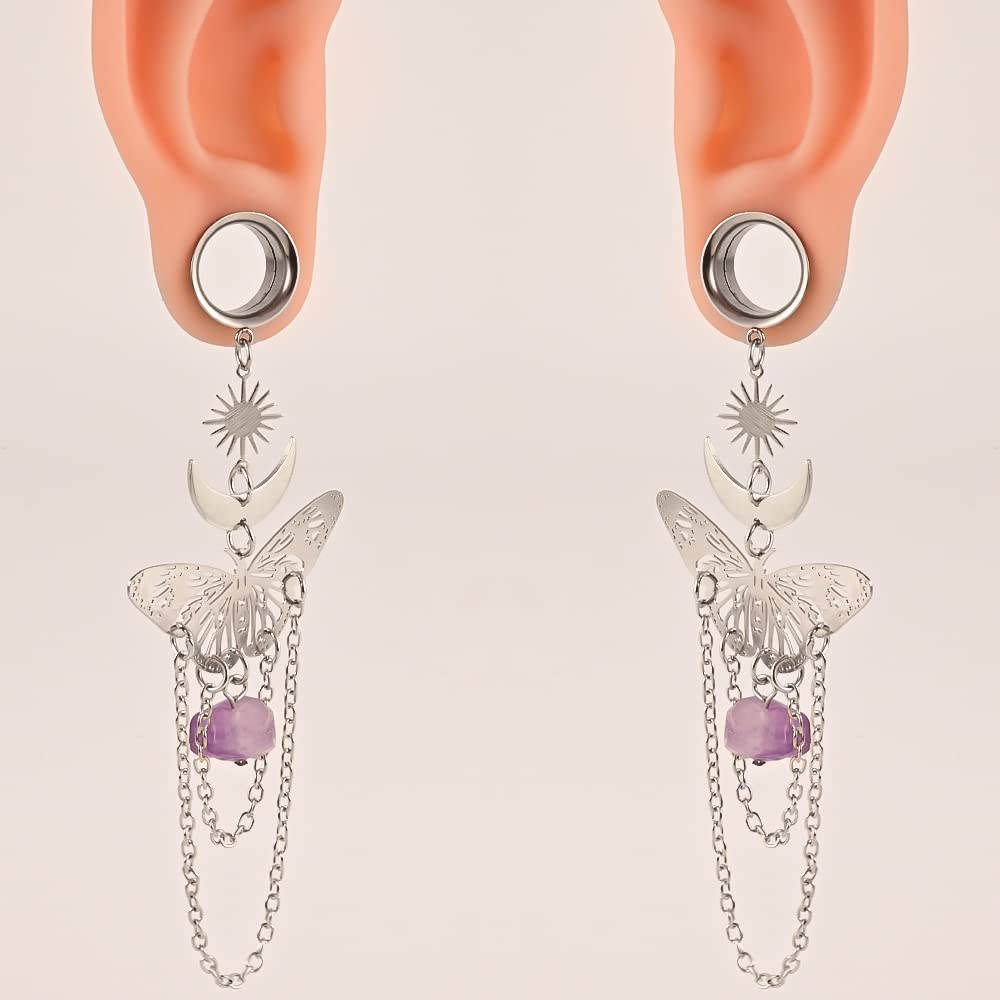 DOEARKO 2PCS New Butterfly-Pendant Hypoallergenic Stainless Steel Dangle Ear Plugs Tunnels Ear Gauges Stretcher Pair Selling 2g 0g Piercing Body Jewelry (10mm(00G), Silver)
